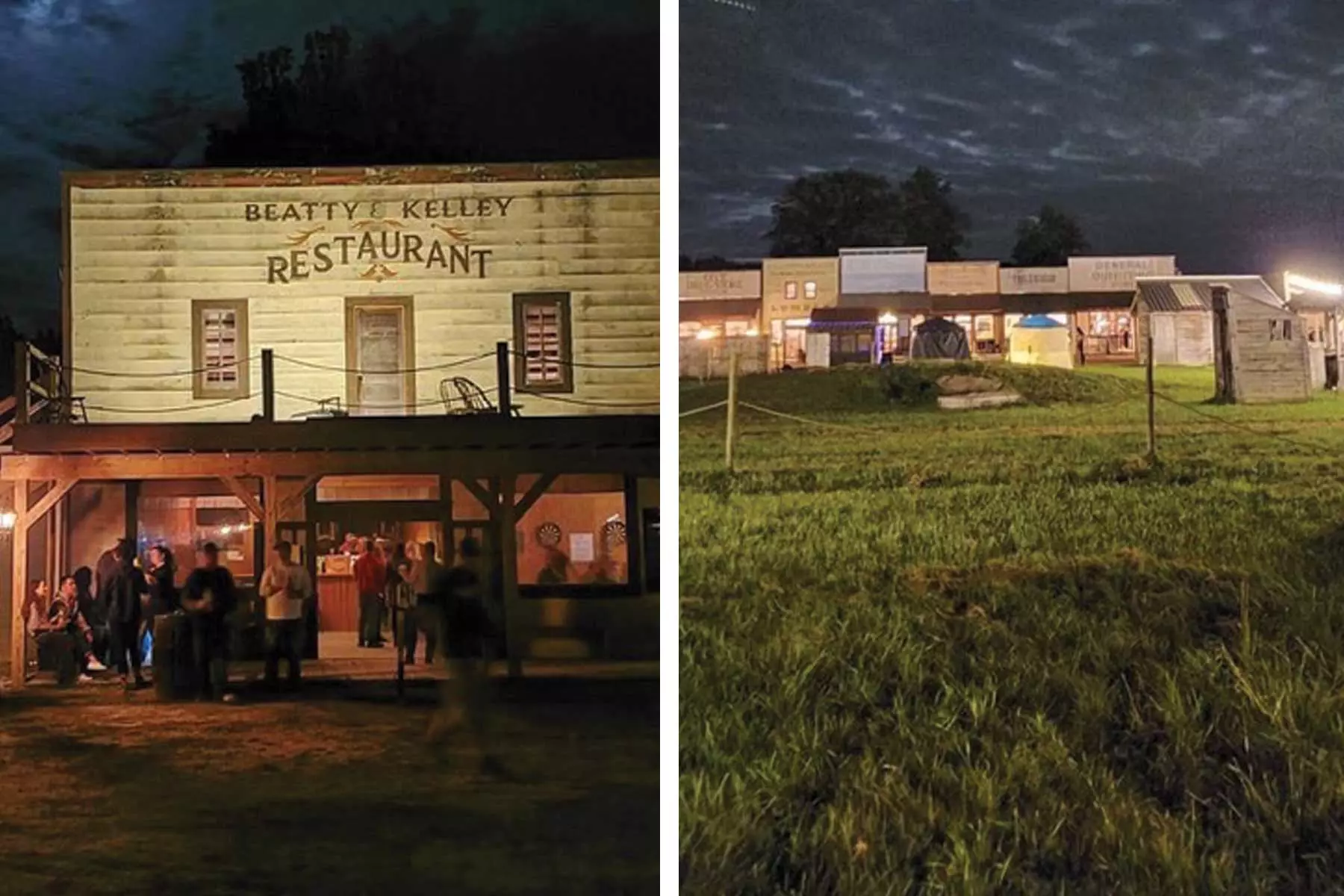 Vecchia città fantasma di notte utilizzata per l'esperienza di una casa stregata in Ohio