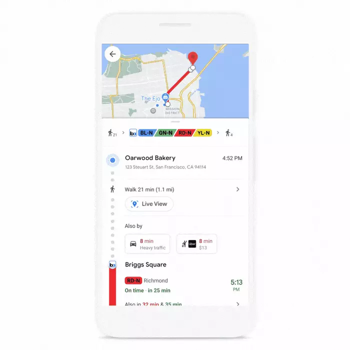 En gif av Live View-transport i Google maps