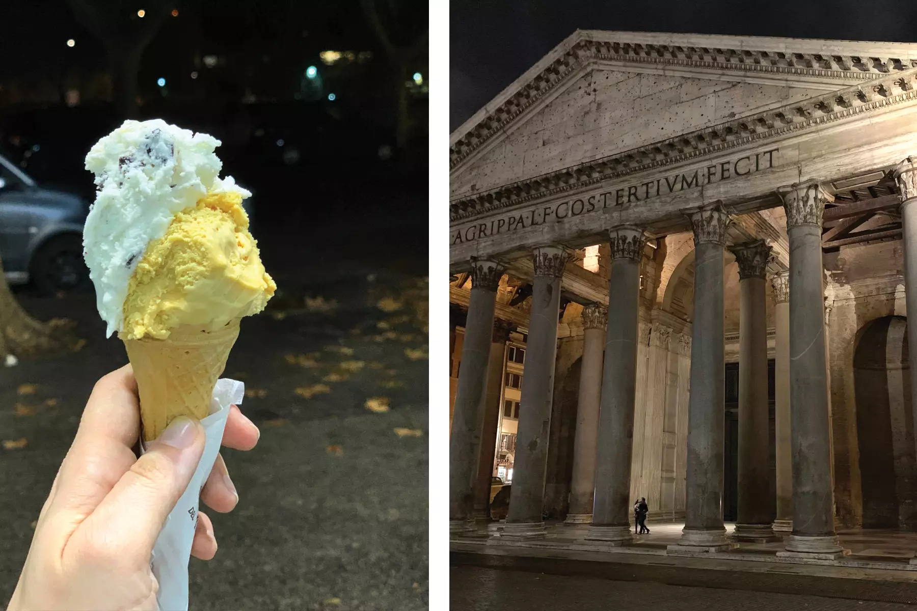 Itala gelato kaj la Panteono nokte