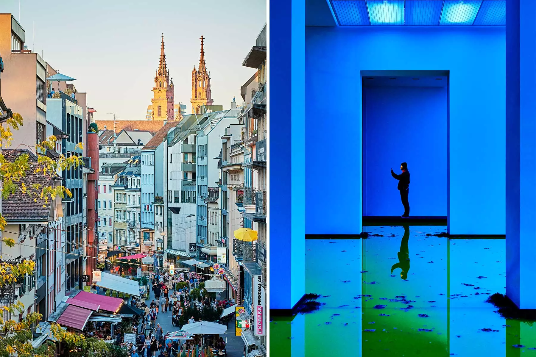 Două scene din Basel, inclusiv o vedere a Catedralei de-a lungul străzii Steinenvorstadt și o instalație de artă un om în albastru și verde de Olafur Eliasson