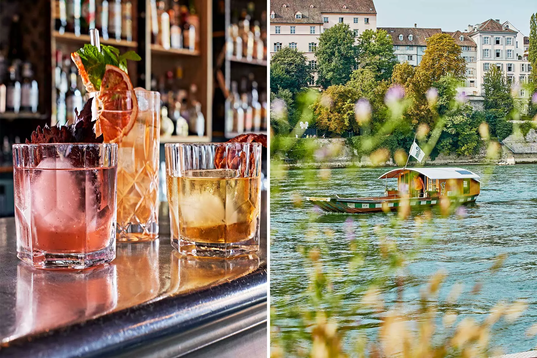 Două scene din Basel, Elveția, inclusiv cocktailuri la un bar și un feribot fără motor