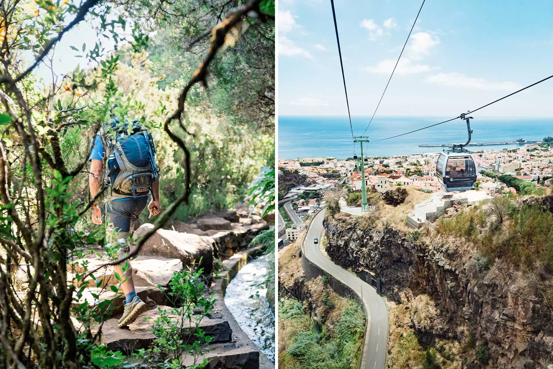 Dwa zdjęcia z Madery w Portugalii, przedstawiające wędrowca wzdłuż lewad na wyspie oraz główną kolejkę linową