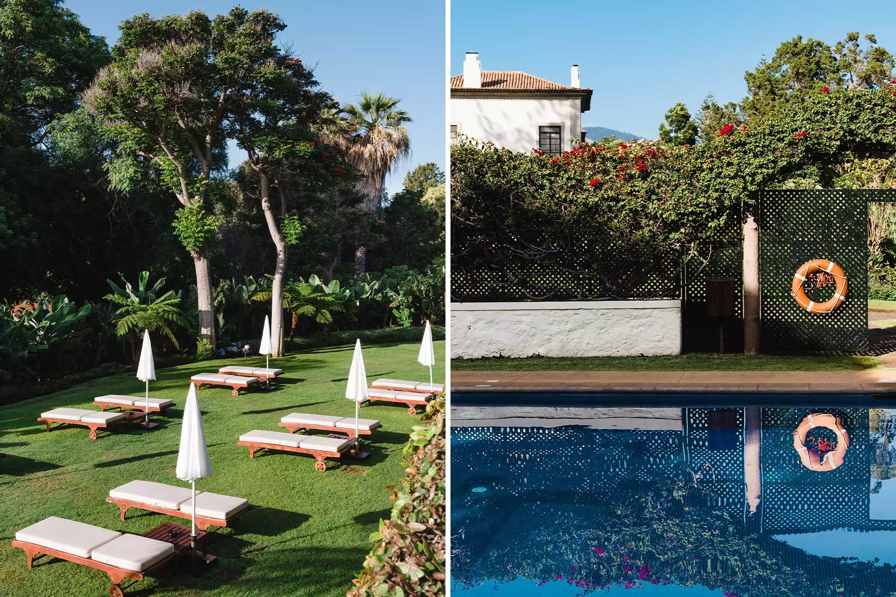 Två bilder som visar trädgården, med solstolar och poolen, på Quinta da Casa Branca på Madeira