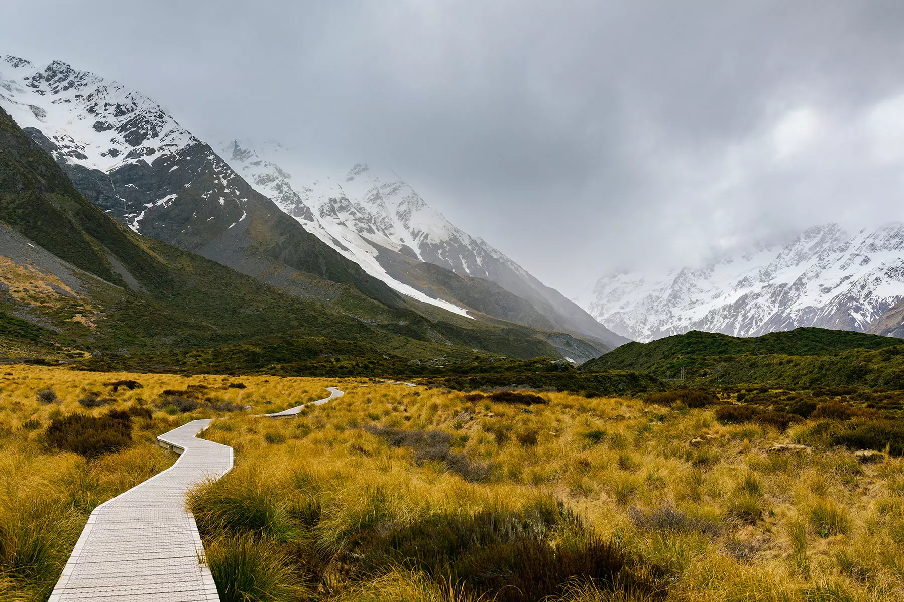 हुकर भ्याली ट्र्याक, Aoraki माउन्ट कुक राष्ट्रिय निकुञ्ज, Aotearoa न्यूजील्याण्ड, बादल, दिन, वसन्त