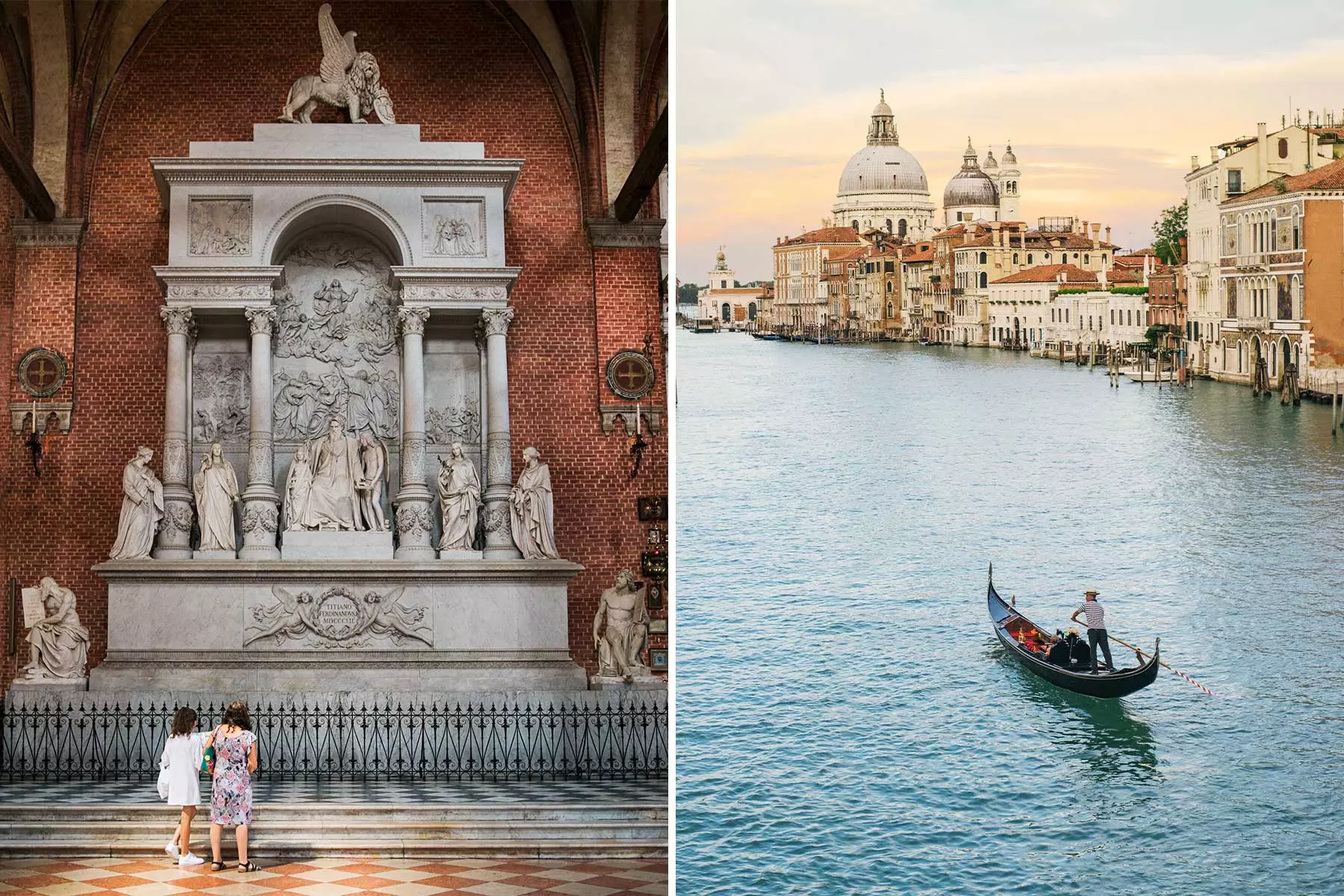 Skena nga Venecia, Itali: në të majtë, vizitorë në monumentin e Titianit në Bazilikën Frari; në të djathtë, një gondolier në Kanalin e Madh