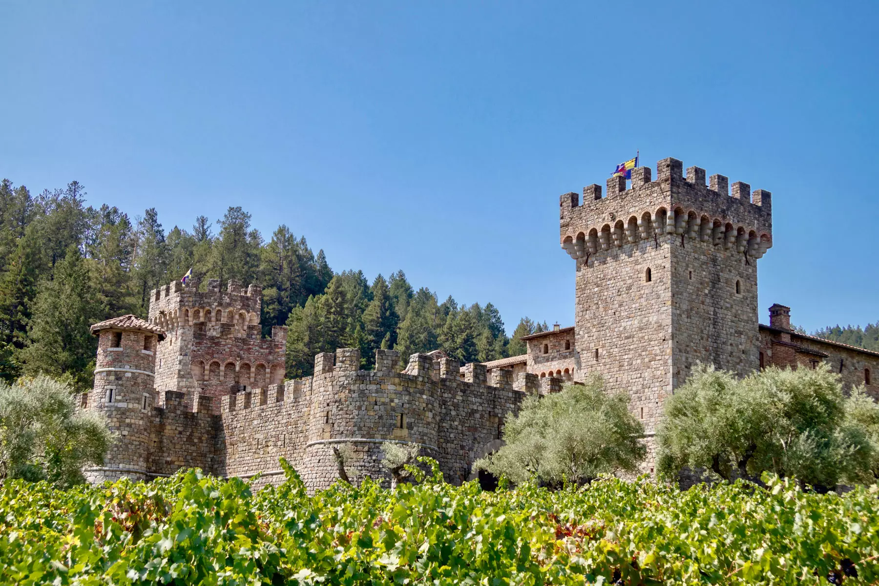 Ka ntle ho Castello di Amorosa, sebaka sa mehleng ea khale se bululetsoeng sa veine sa Tuscan le qhobosheane e fumanehang naheng ea veine ea California.