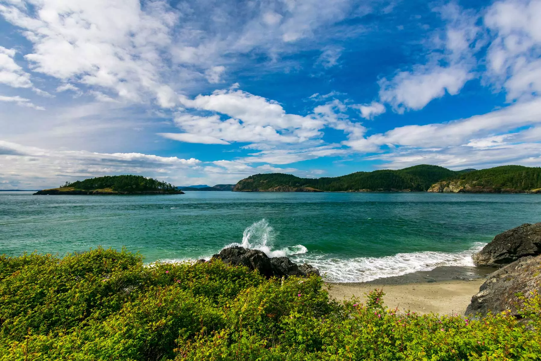 Udaberriko egun ederra Deception Pass-eko hondartzara begira