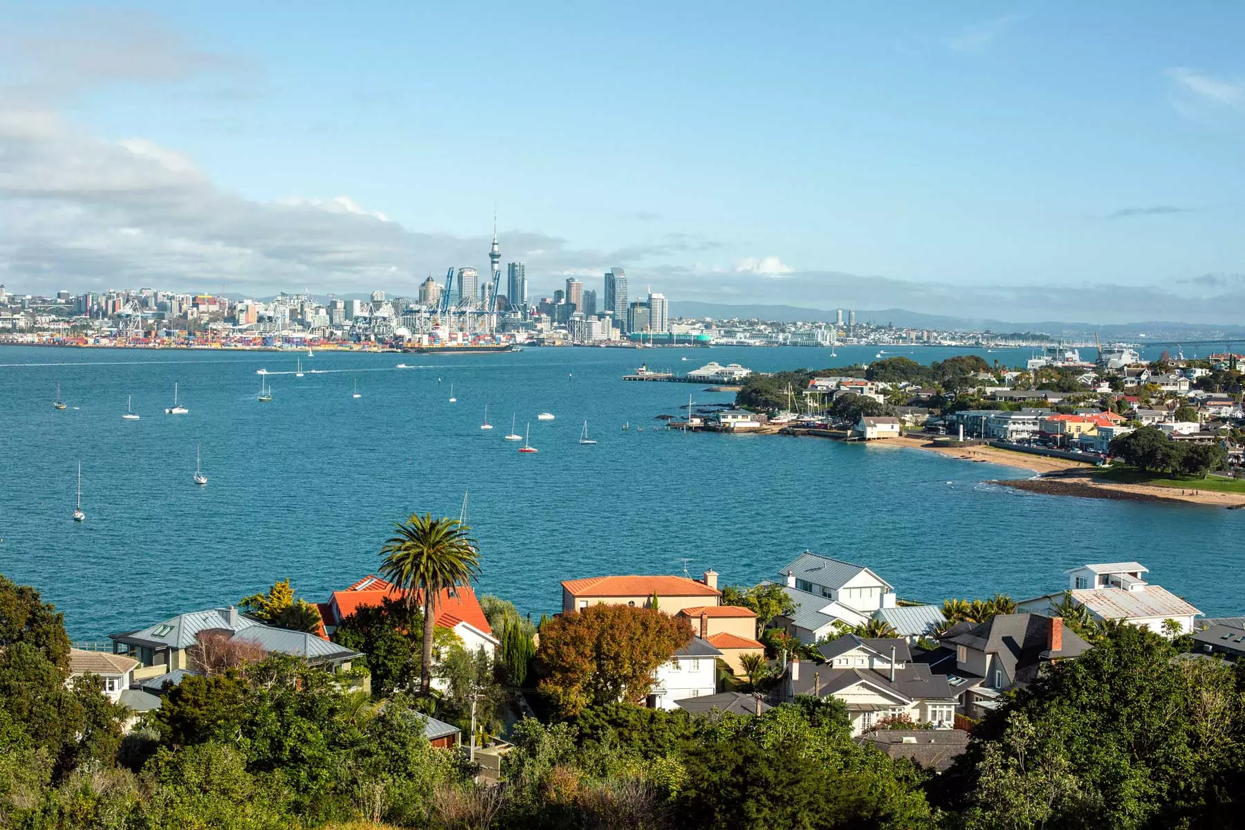 Linea della città di Auckland vista da Devonport, North Head Historic Reserve.