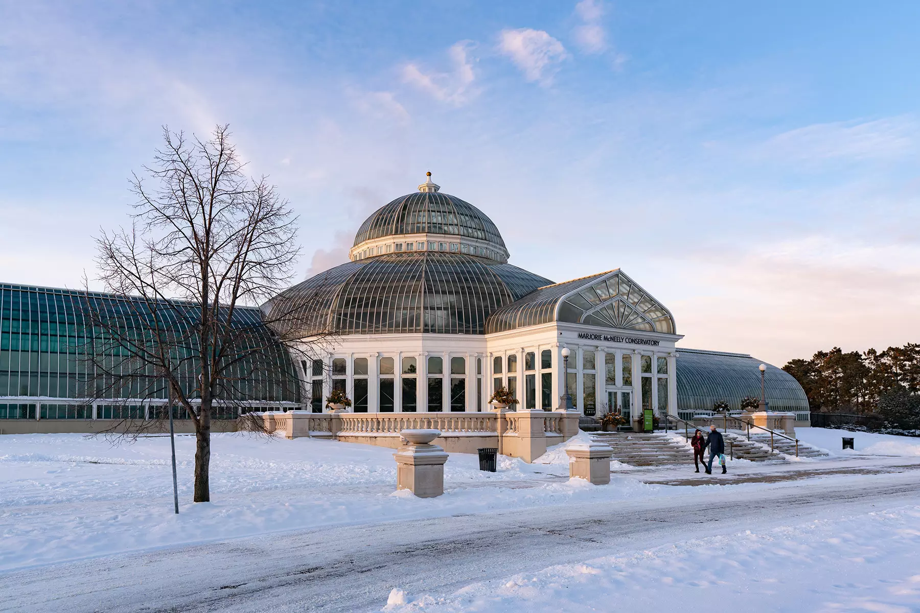 Vedere generală a grădinii zoologice și a conservatorului Como Park de la Lacul Como din Saint Paul, Minnesota.