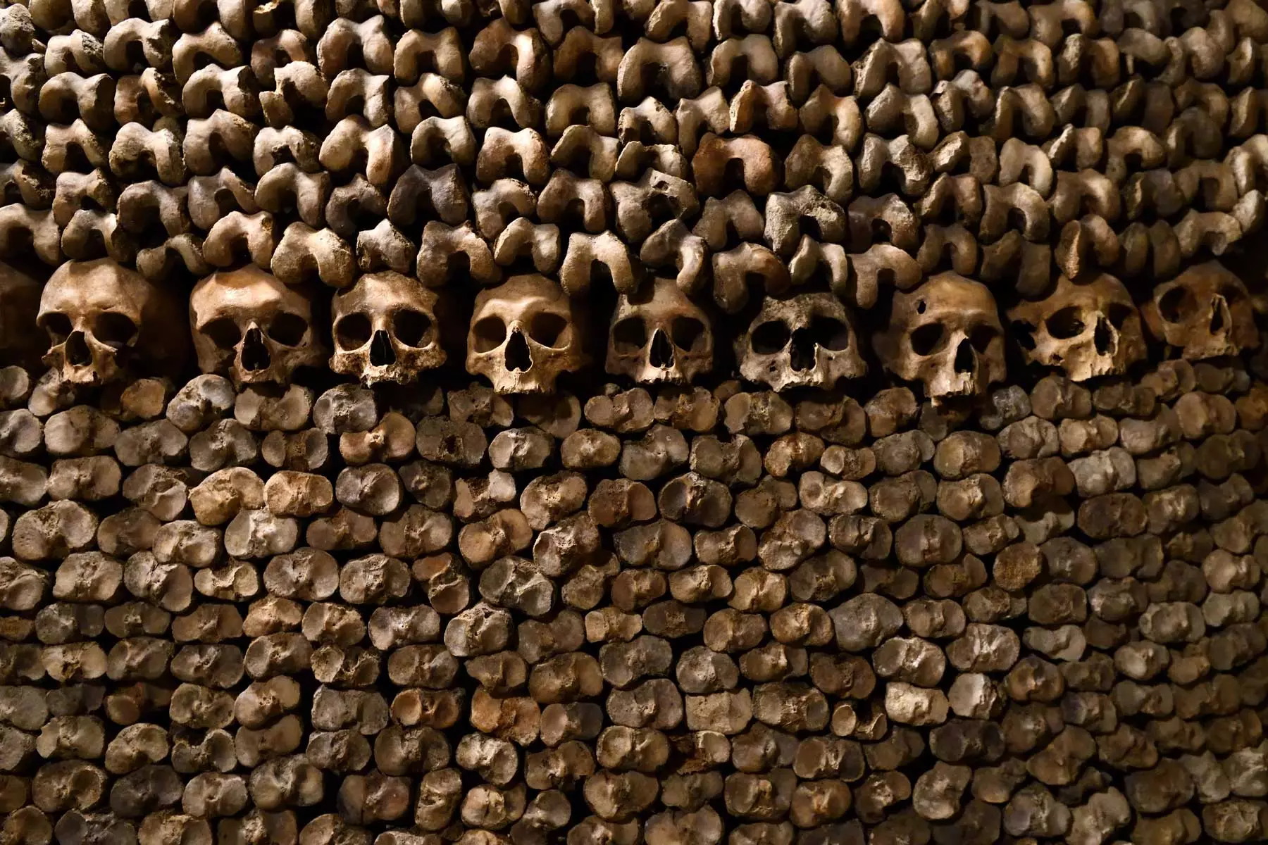 Ossuary in the catacombs of Paris, Ile-de-France, France on July 02, 2020 in Paris, France.