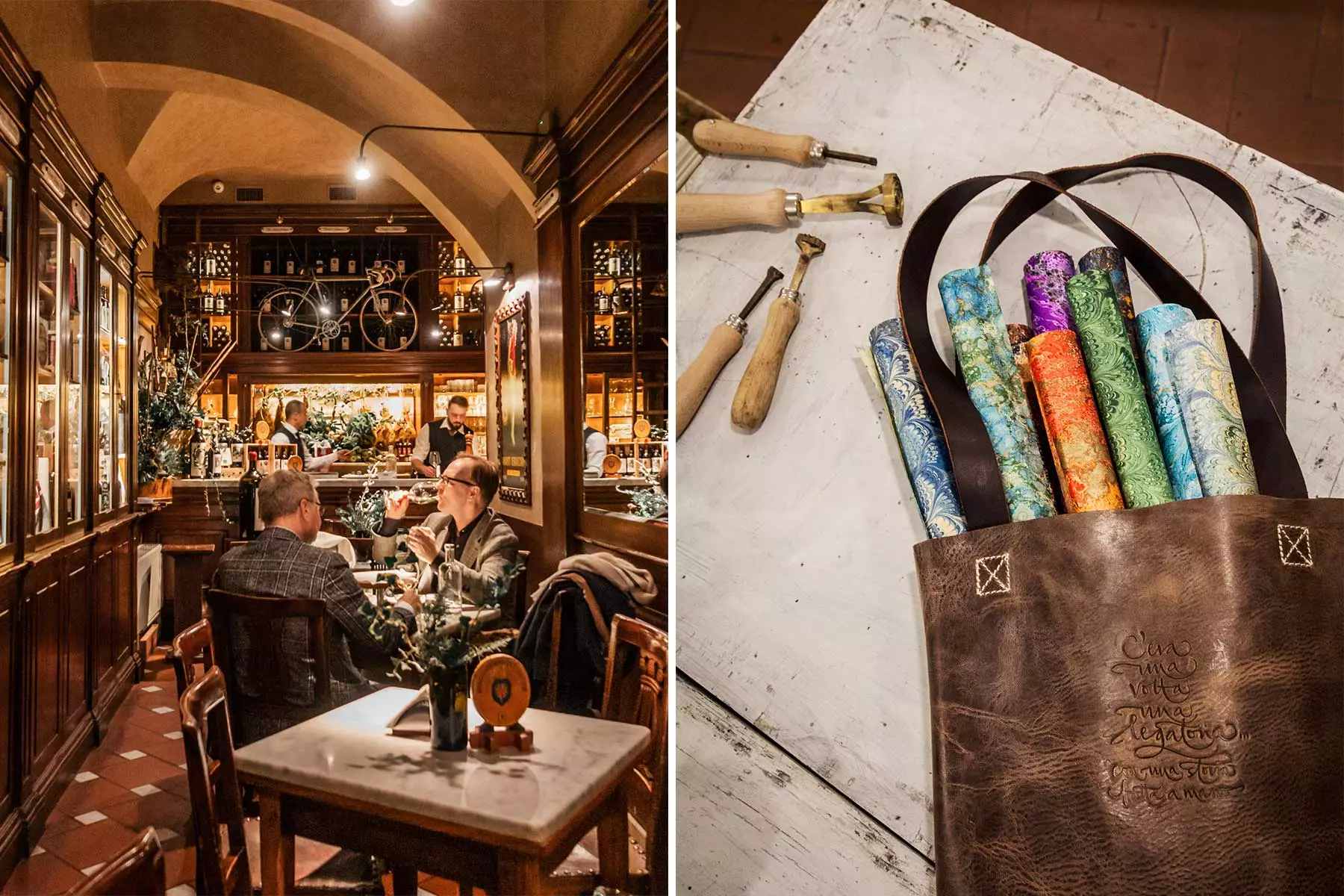 Deux photos montrant des convives dans un restaurant et un sac rempli de papier marbré