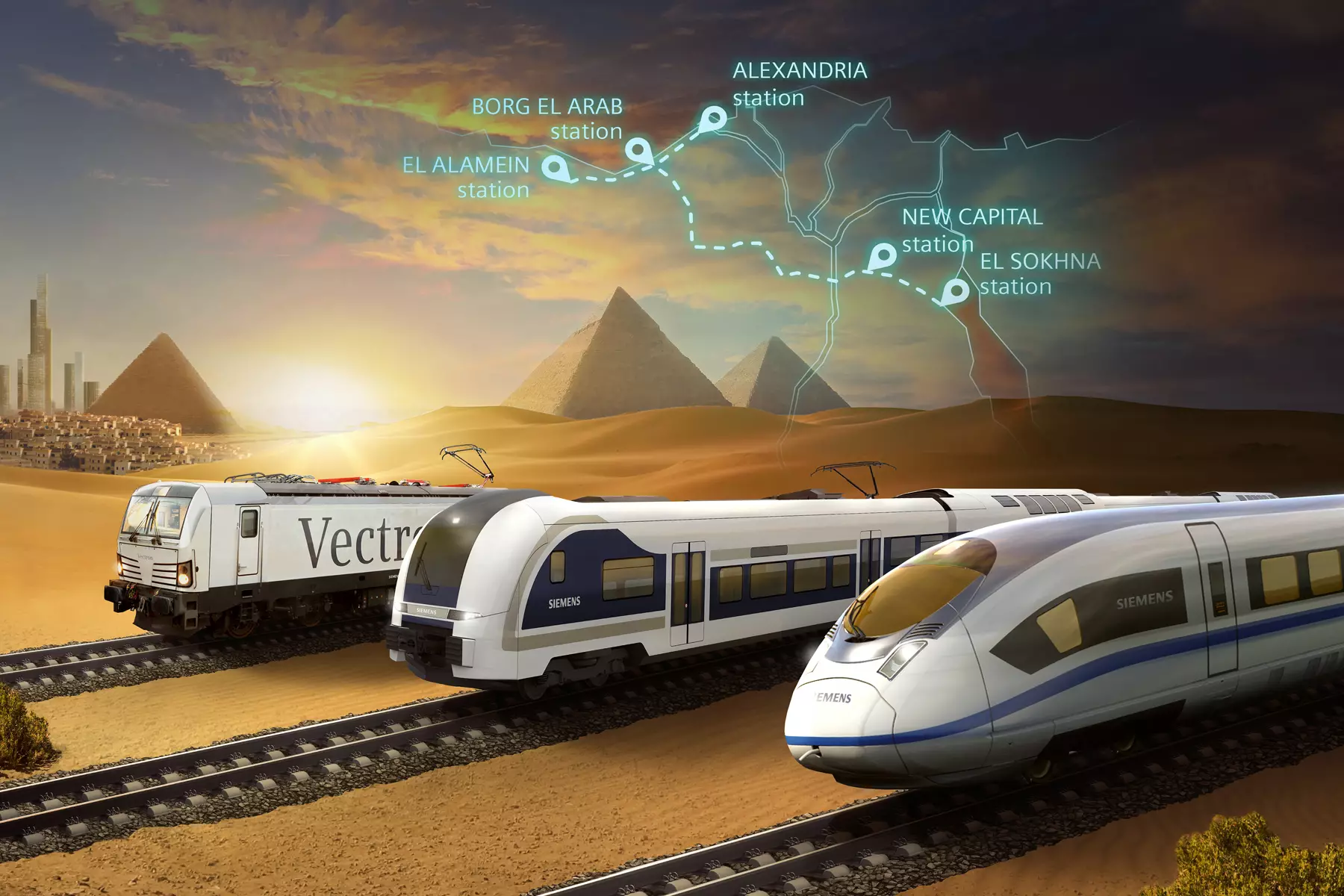 Rendu de la carte et des trains à grande vitesse prévus pour l'Égypte par Siemens AG