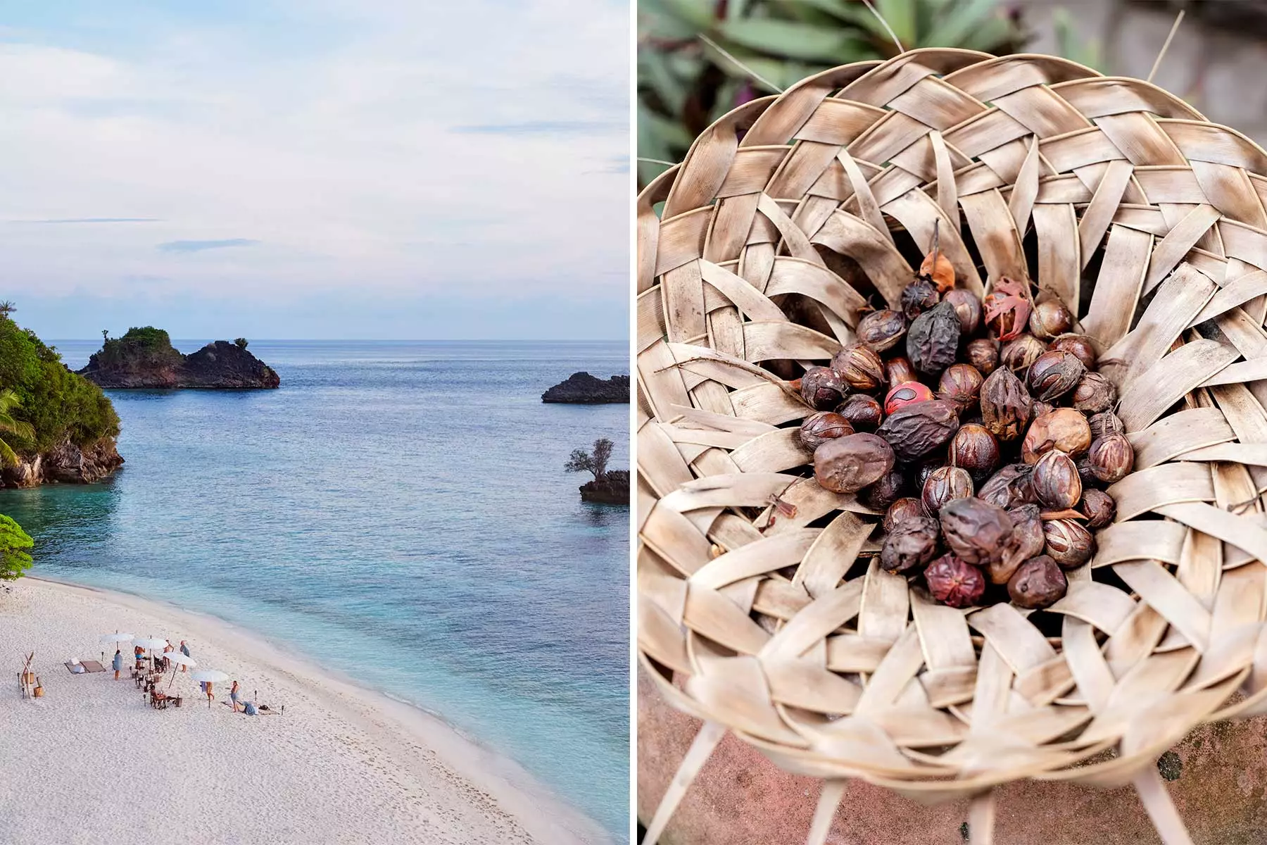 Hóspedes de cruceiros tomando bebidas nunha praia de Indonesia; un bushel de noz moscada