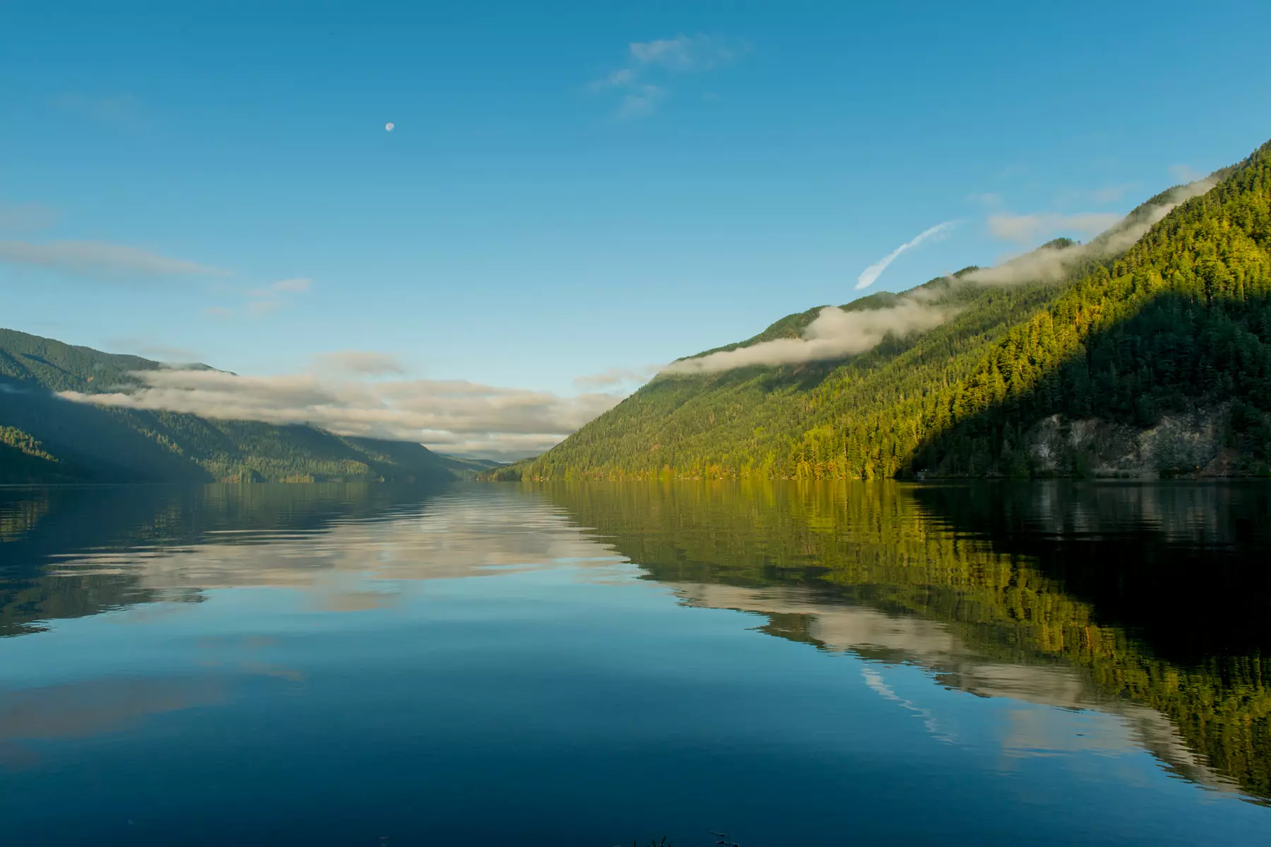 Utsikt på morgonen av Lake Crescent vid Olympic National Park