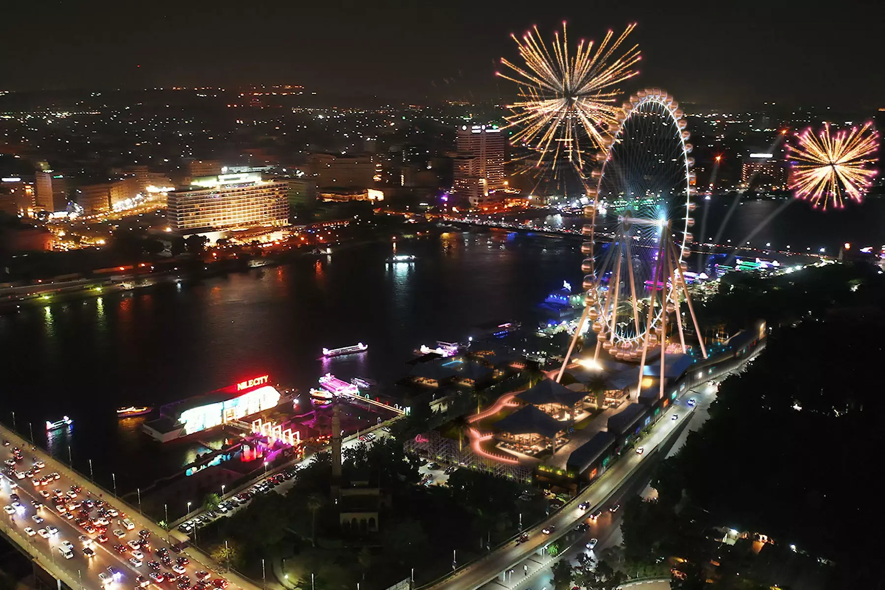 noćni prikaz novog predloženog panoramskog točka Cairo Eye