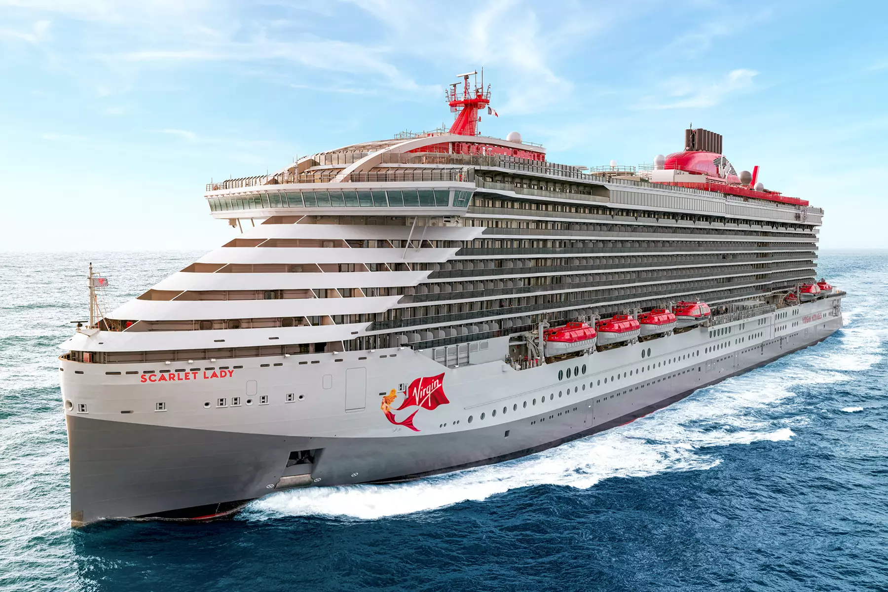 Теңіздегі Virgin Voyages Scarlet Lady экстерьері