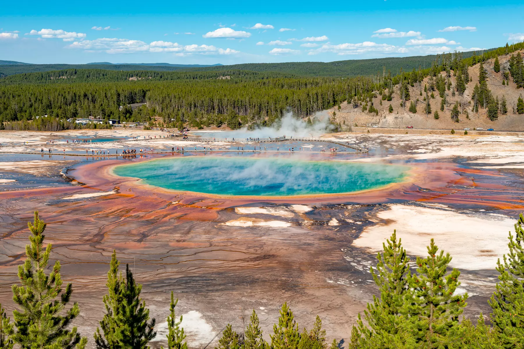 Izvor fierbinte aburind cu depozite minerale colorate și apă turcoaz, Grand Prismatic Spring, Midway Geyser Basin, Parcul Național Yellowstone, Wyoming, SUA