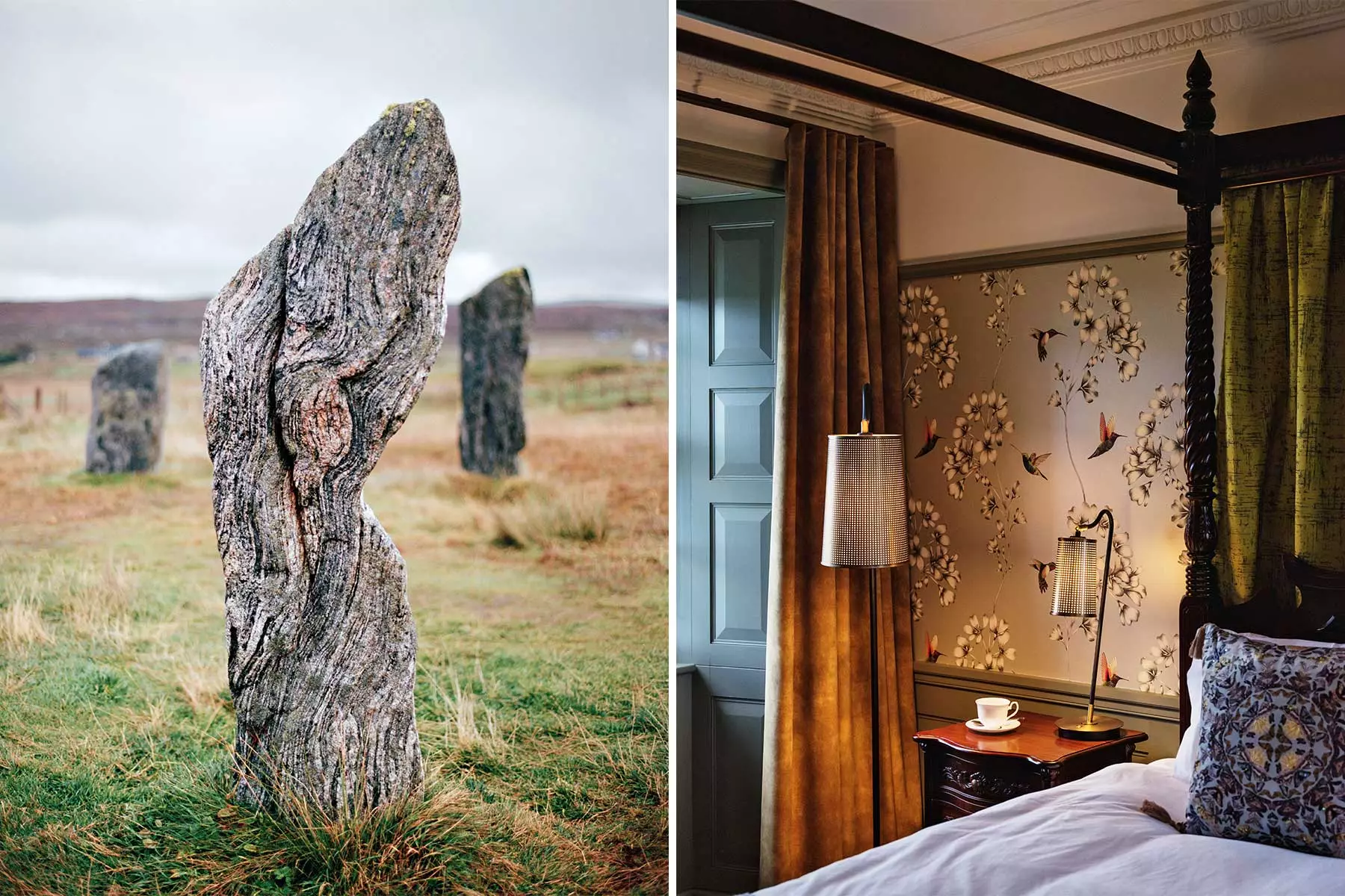 Par de fotos de las Hébridas escocesas que muestran las antiguas piedras de Callanish y una habitación de un hotel boutique