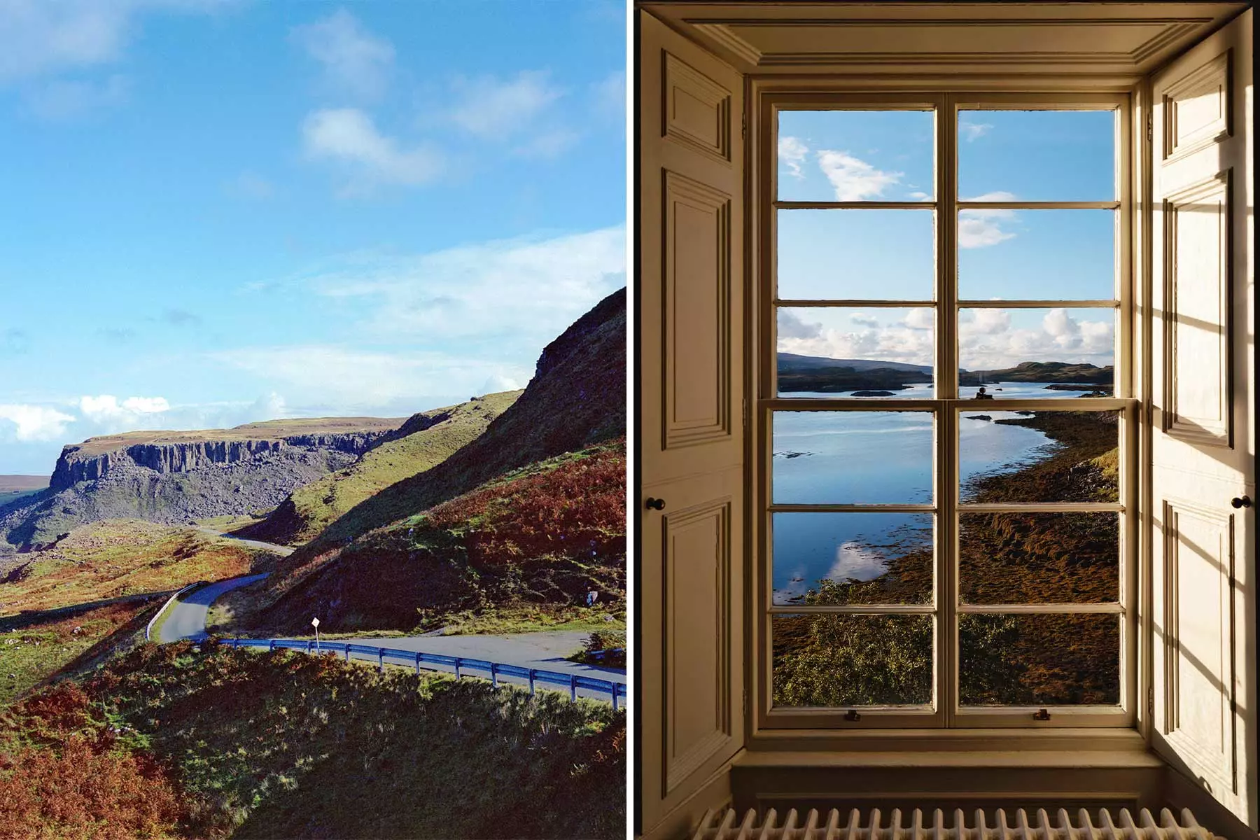 Par de fotos que muestran la Isla de Skye, una que muestra una vista de un camino sinuoso a través del paisaje y una segunda que muestra la vista del agua a través de la ventana de un castillo