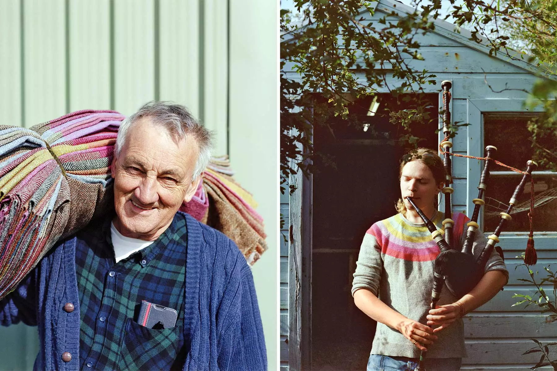 Par de fotos que muestran a un tejedor de tweed Harris tradicional y a un joven gaitero en Escocia