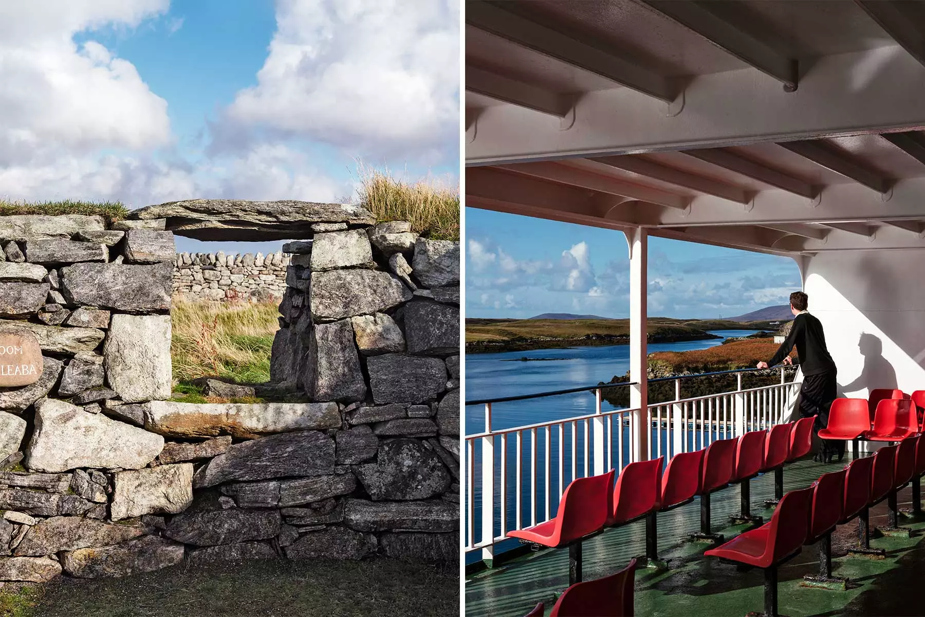 Un par de fotos que muestran las ruinas de un blocao de piedra tradicional y un hombre mirando por encima de la barandilla de un ferry, ambos de las Hébridas escocesas
