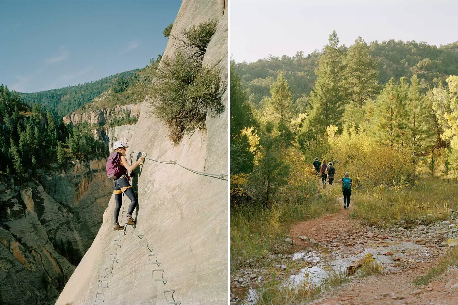 Scènes uit het Greater Zion-gebied, waaronder een vrouw op een via ferrata-klim, en wandelaars in Kolob Canyon