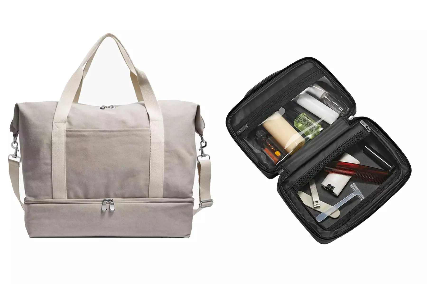 Grey canvas duffel hnab thiab dub me me square toiletry hnab