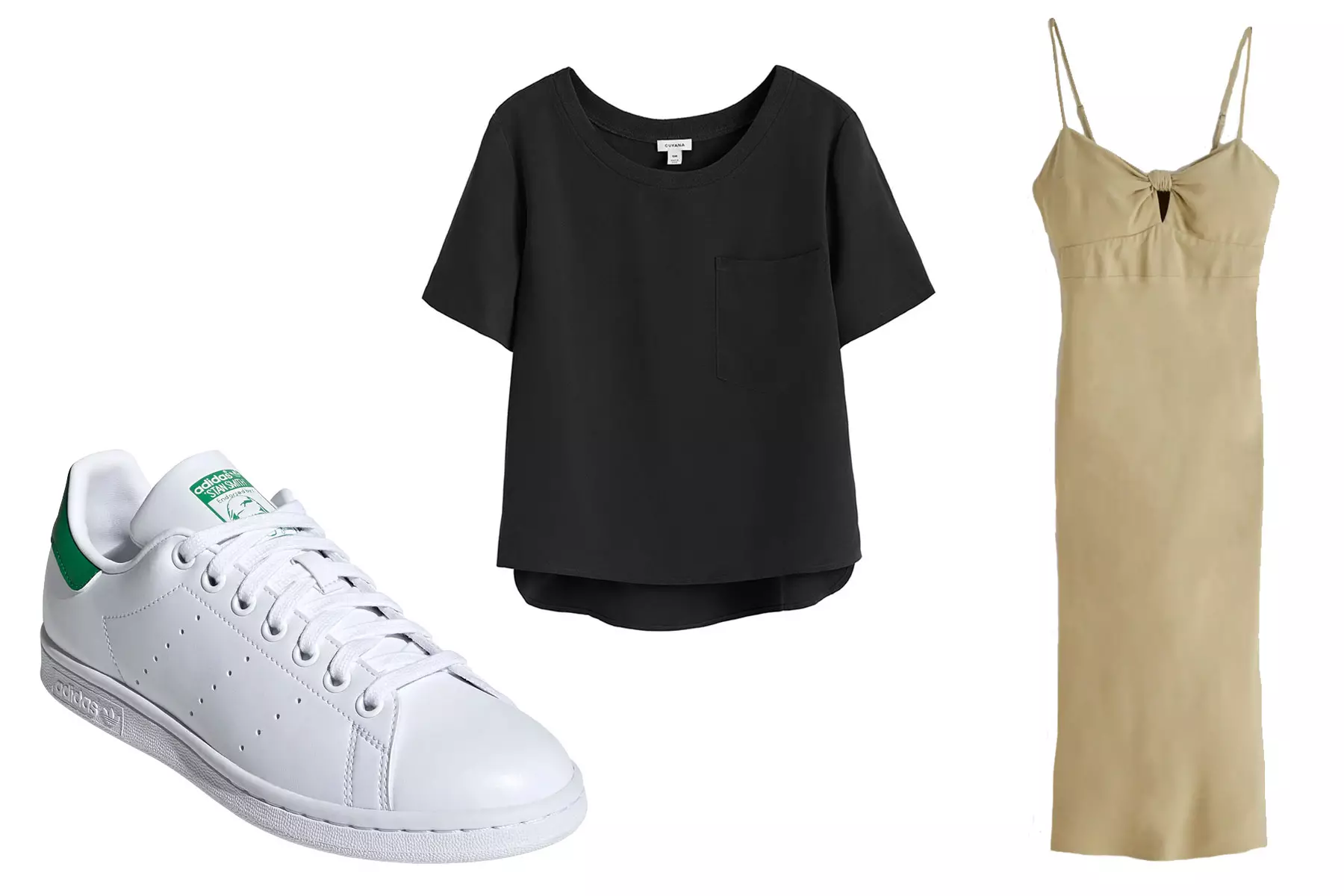 Zapatillas brancas, camiseta negra, vestido de tirantes midi verde oliva