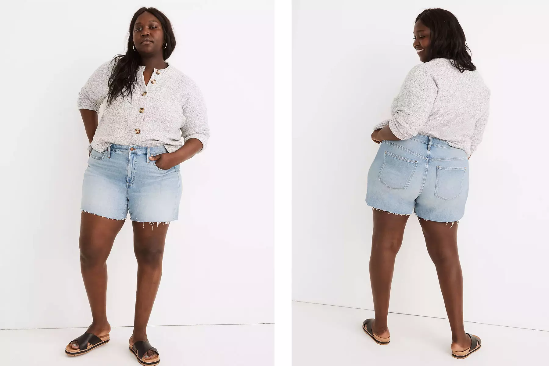 Femme portant un short en jean légèrement délavé