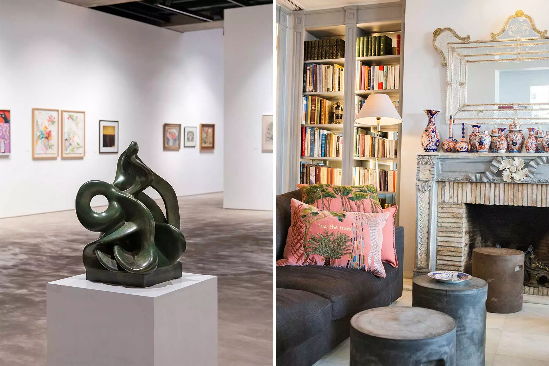 Пар фотографии кои прикажуваат скулптура во галеријата Салех Баракат и продавница за дизајн на ткаенина наречена Бокја