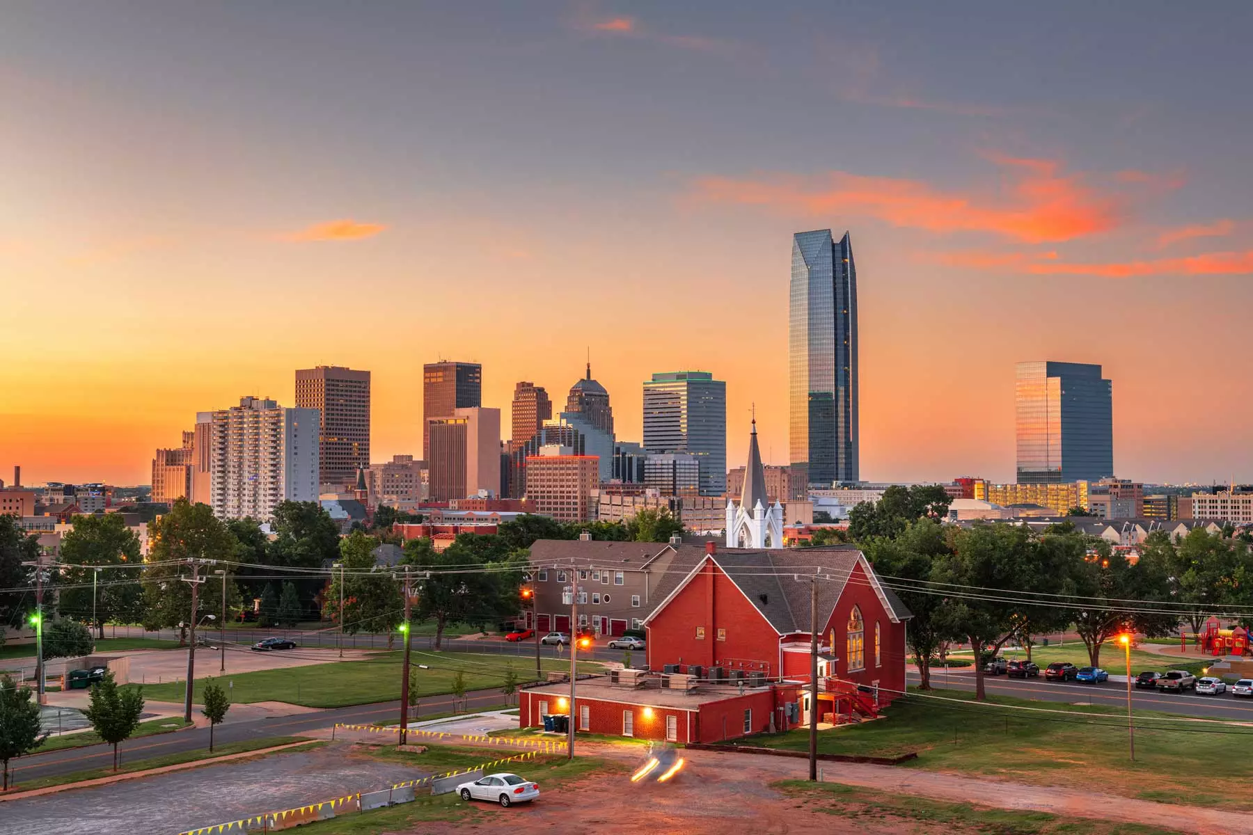 Oklahoma City, Oklahoma, skyline kutha ing wayah surup.