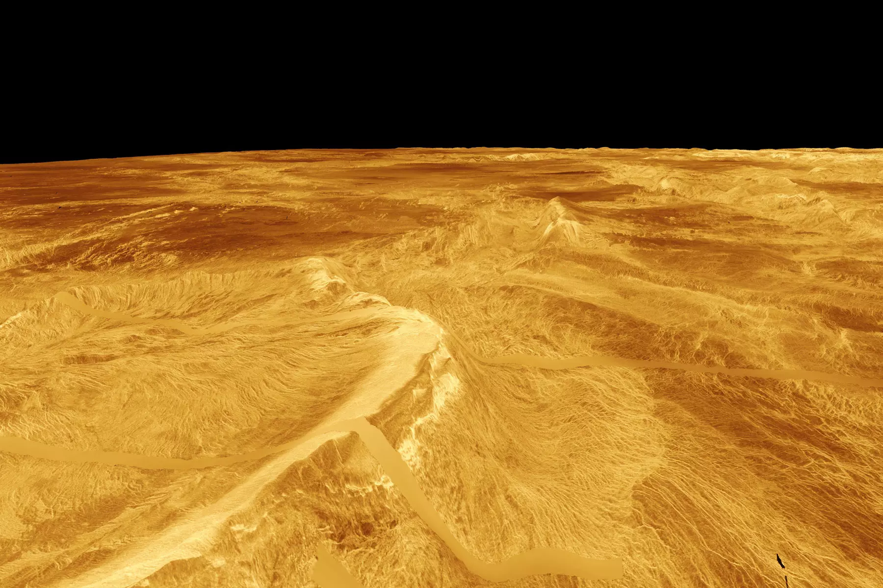 Dit computergegenereerde perspectief van Latona Corona en Dali Chasma op Venus toont NASA Magellan-radargegevens bovenop topografie.