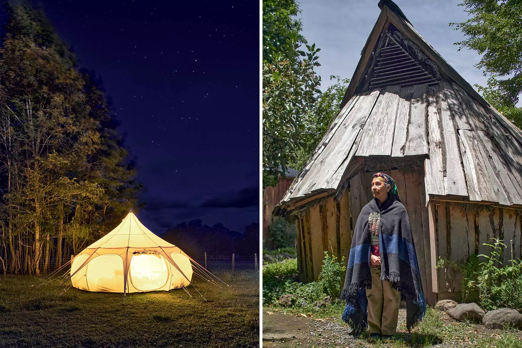 Coppia di foto da Pucon, Cile, tra cui una tenda di notte, illuminata dall'interno, e un ritratto di Irma Epulef, un membro della comunità indigena locale