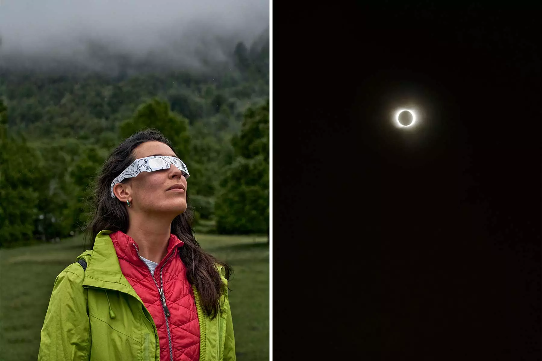 Coppia di foto dell'eclissi solare totale in Cile, inclusa una donna che osserva l'evento con occhiali per l'osservazione solare e un'immagine del momento dell'eclissi totale