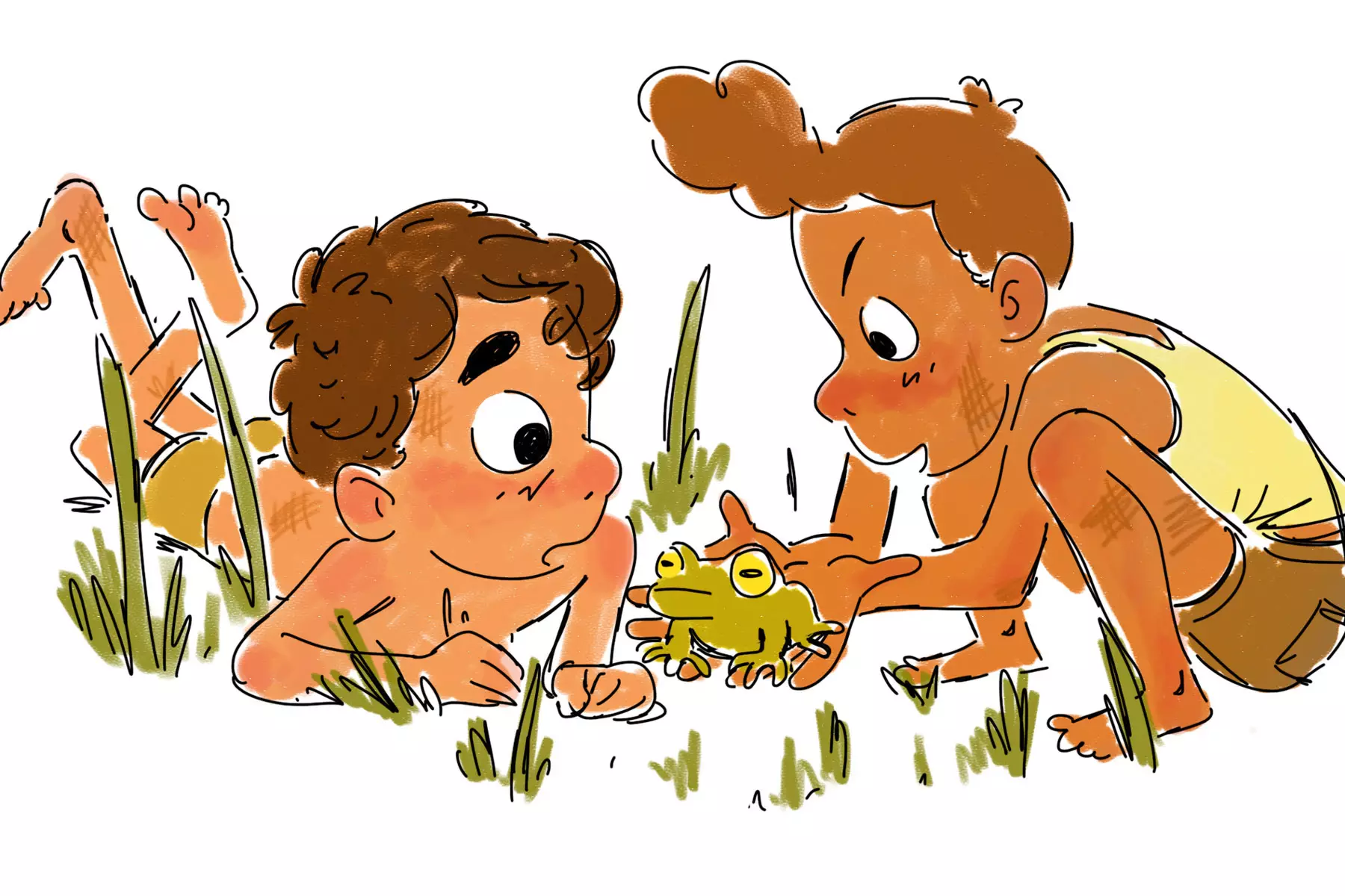 dessin de Luca et Alberto tenant une grenouille