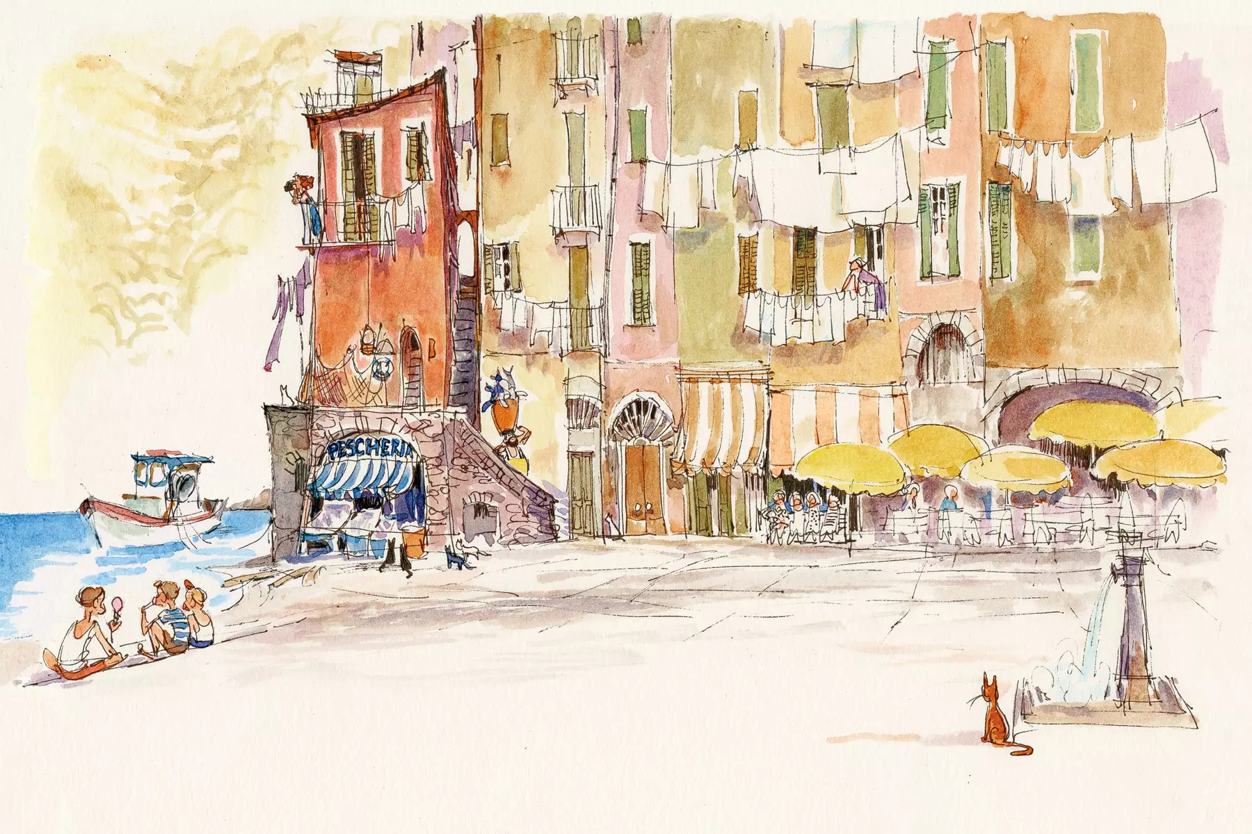 pictură în acuarelă a unui oraș de coastă italian fictiv