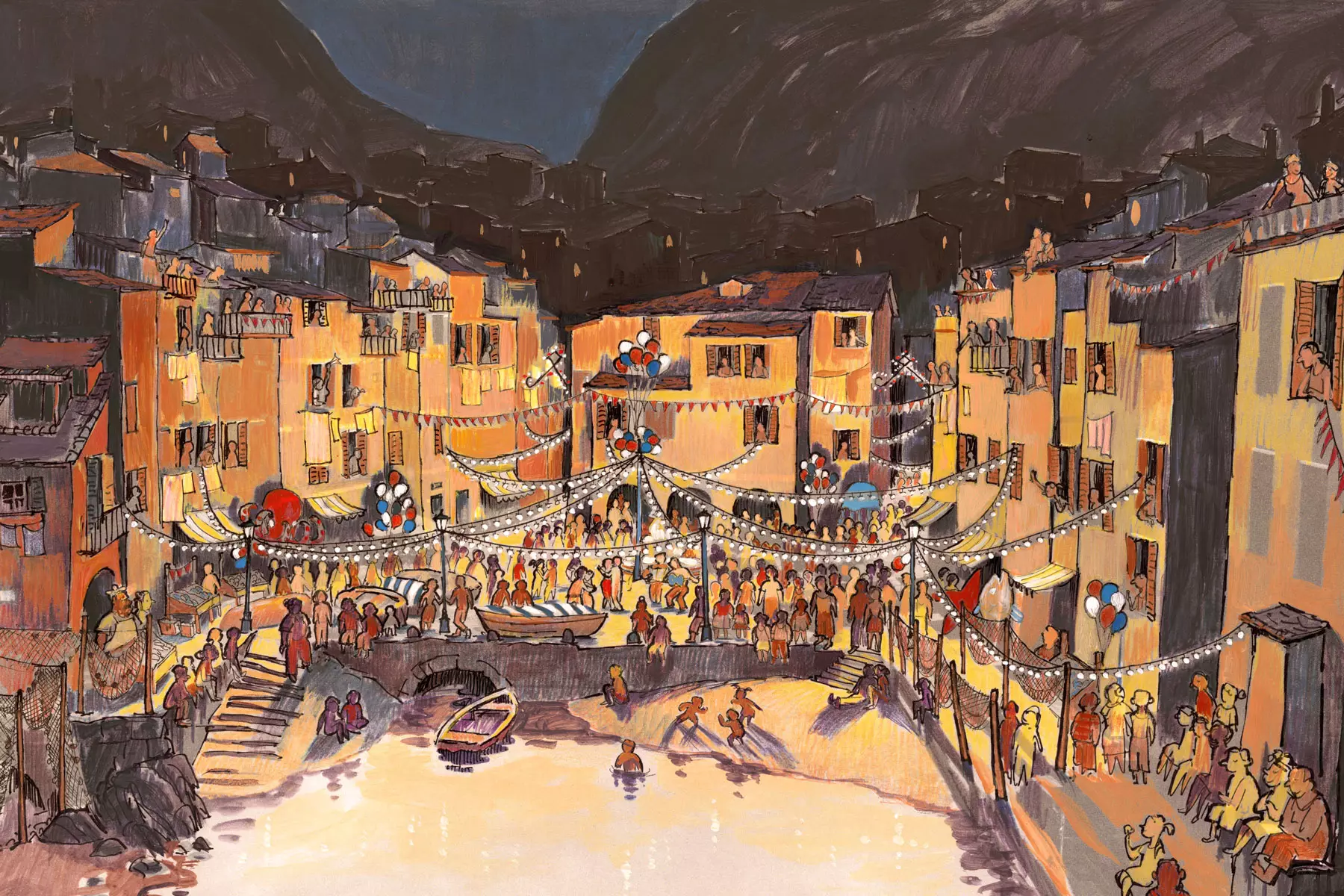 虛構的意大利小鎮的節日繪畫