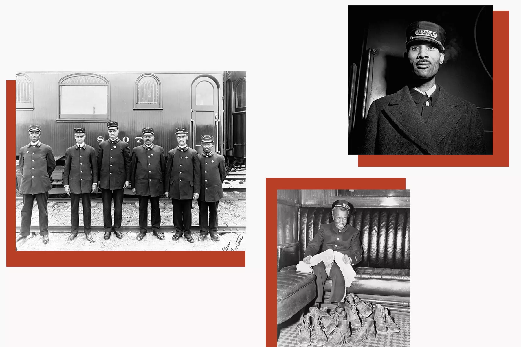 Ba hình ảnh cho thấy Pullman Porters đang làm việc trong bộ đồng phục, tất cả đều là người Mỹ da đen.