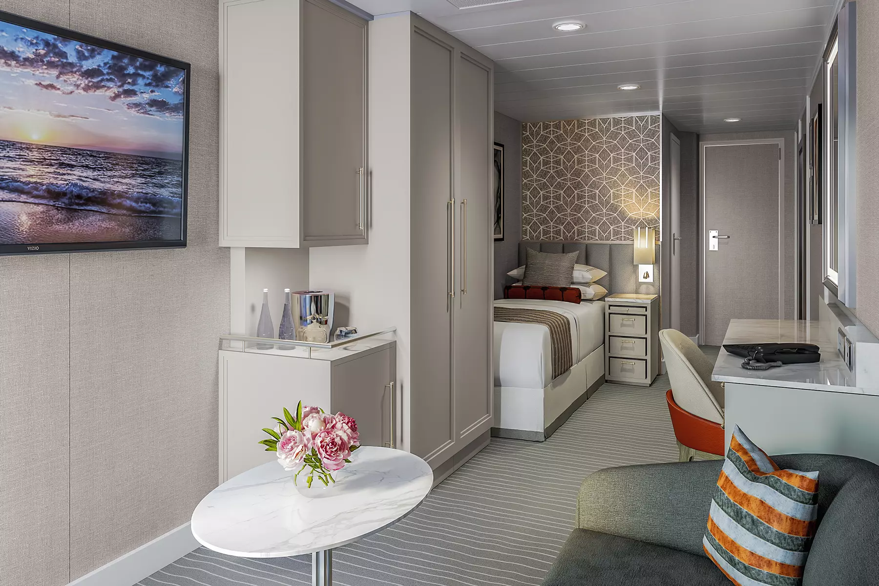 Oceania Cruises компаниясынан Solo Veranda Stateroom ички жасалгасы