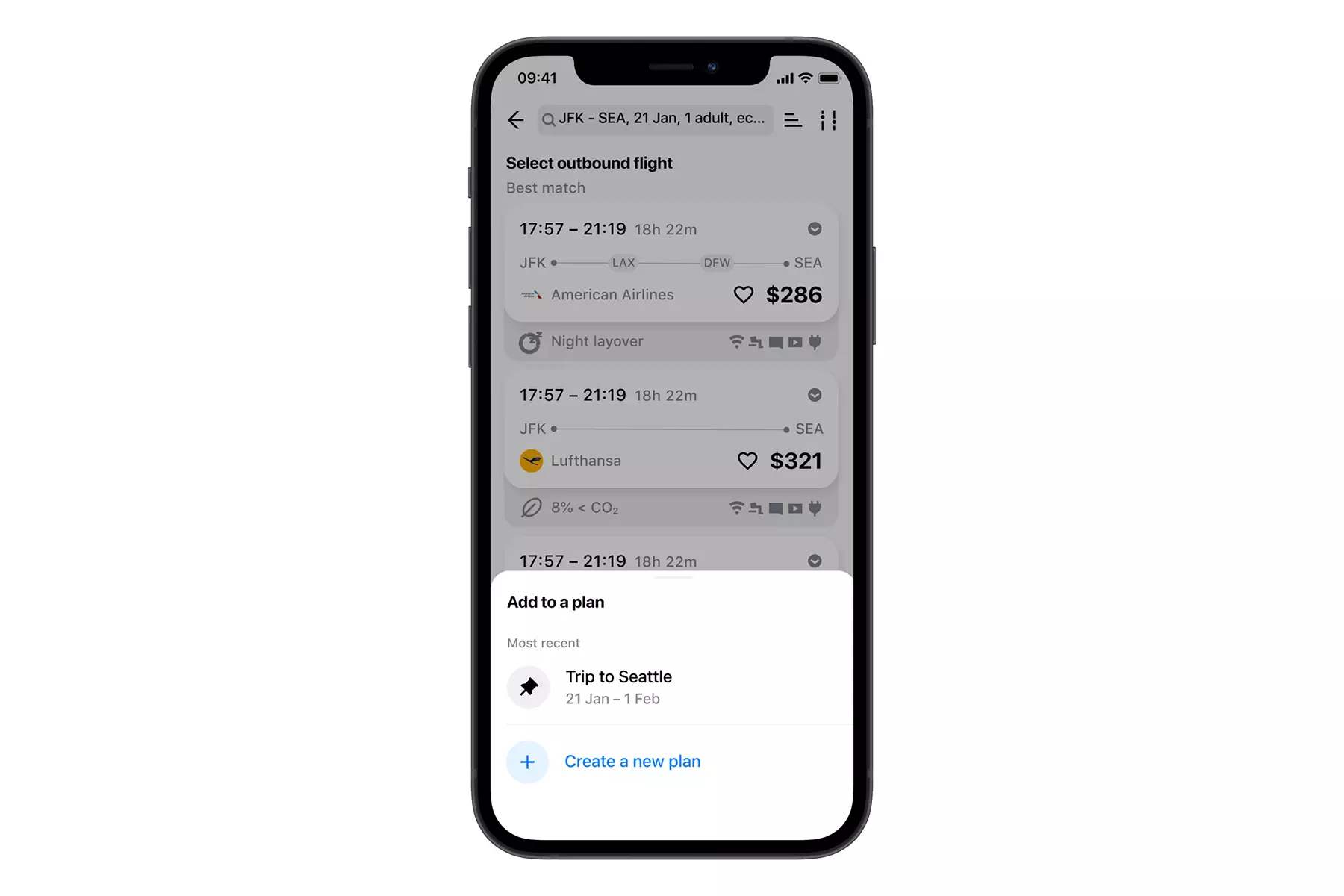 App in de interface voor het kopen van vliegtickets op iPhone