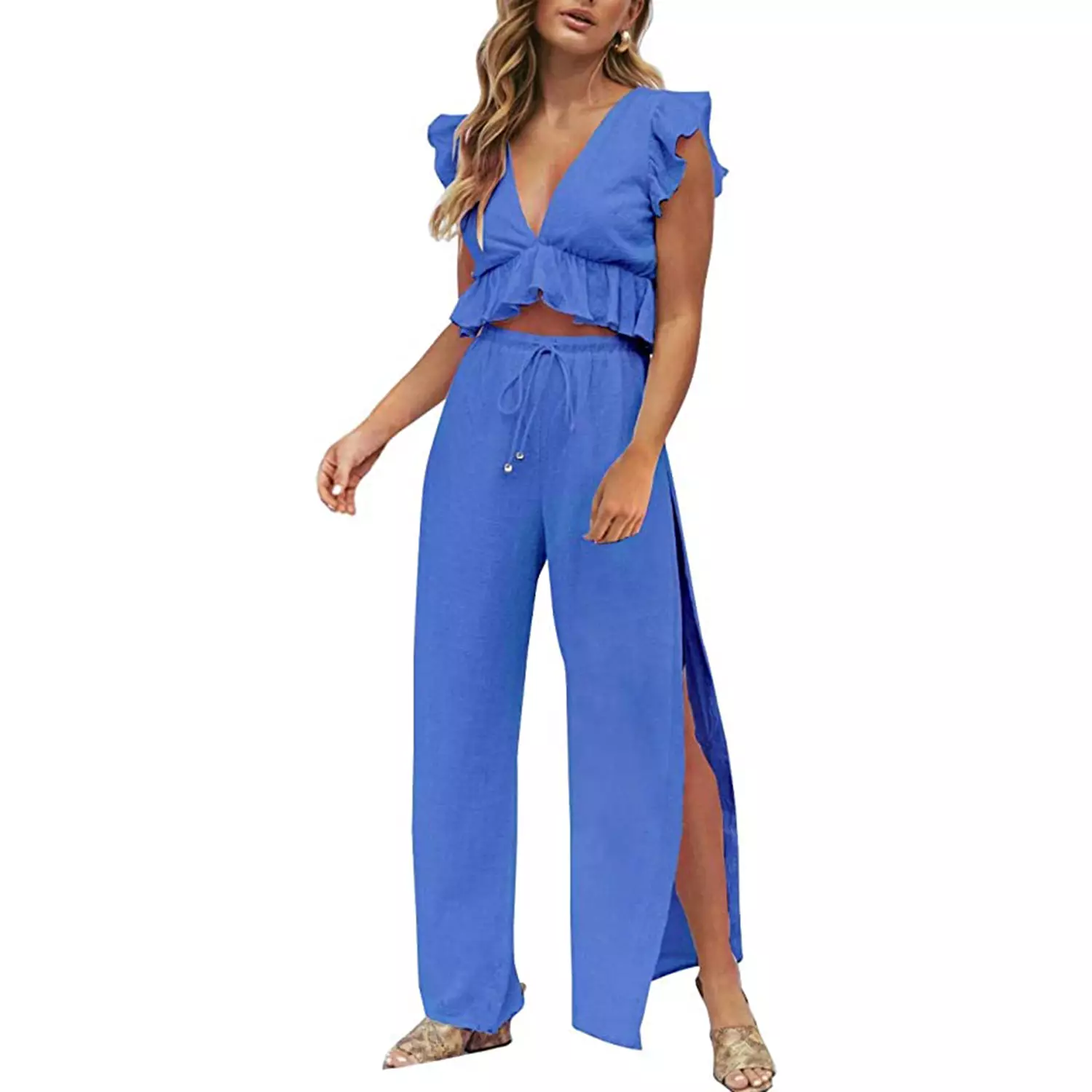 FANCYINN Wanita 2 Potongan Pakaian Deep V Neck Crop Top Sisi Celah Serut Lebar Kaki Celana Set Jumpsuits