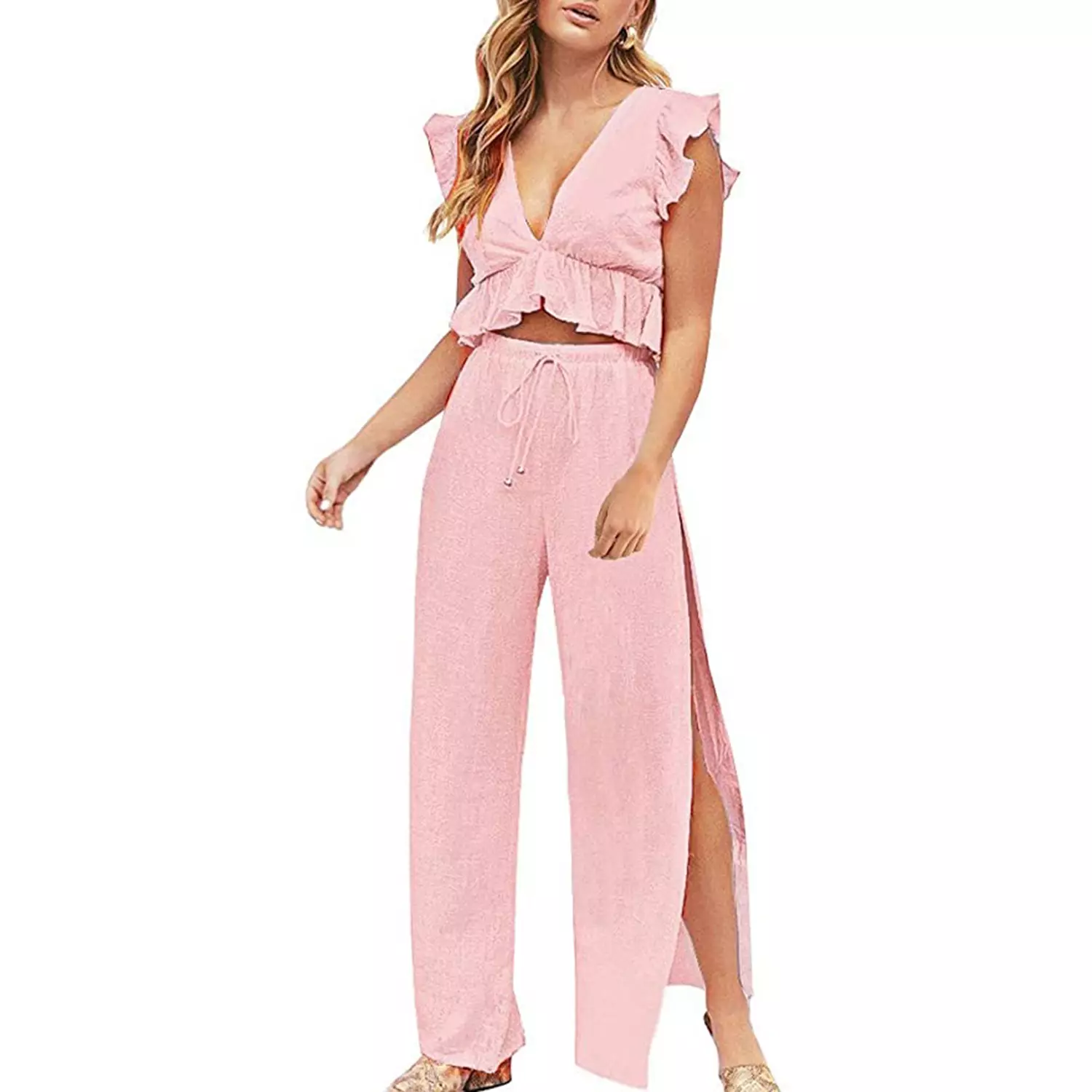 FANCYINN Wanita 2 Potongan Pakaian Deep V Neck Crop Top Sisi Celah Serut Lebar Kaki Celana Set Jumpsuits