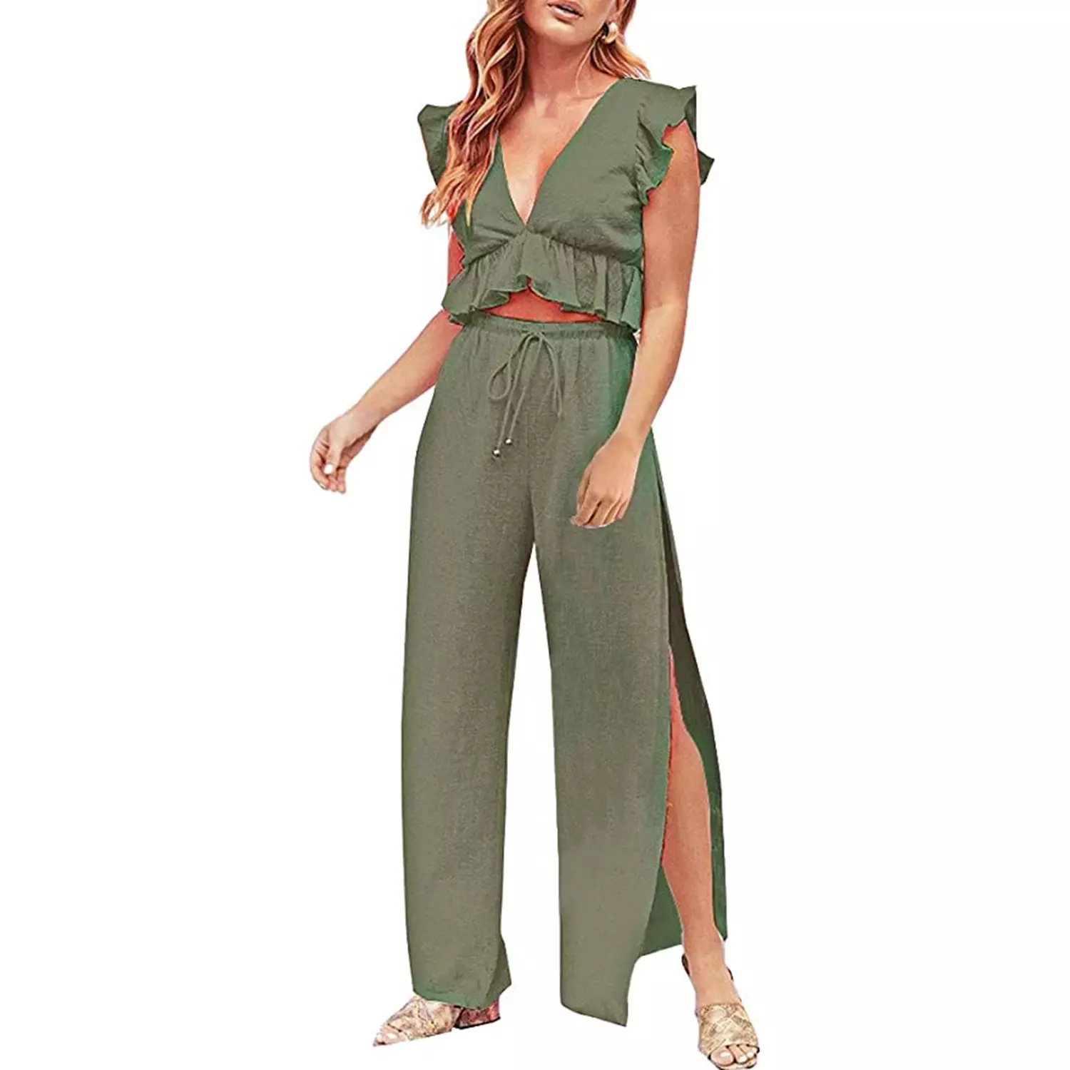 FANCYINN Wanita 2 Potongan Pakaian Deep V Neck Crop Top Sisi Celah Serut Lebar Kaki Celana Set Jumpsuits