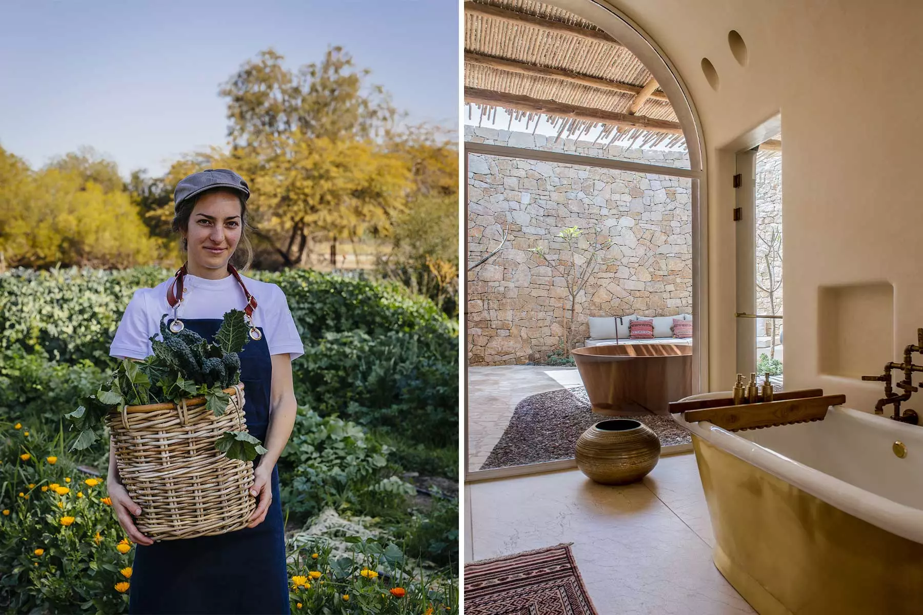 Deux photos montrent un hôte dans un kibboutz en Israël et la salle de bain privée de l'hôtel Six Senses Shaharut