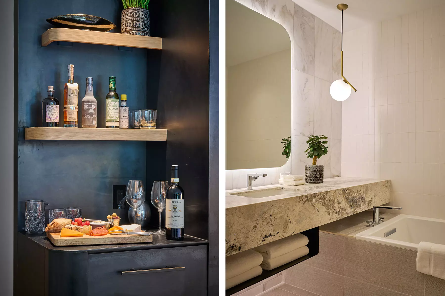 Austin'deki The Loren at Lady Bird Lake'de mini bar ve banyo detayları