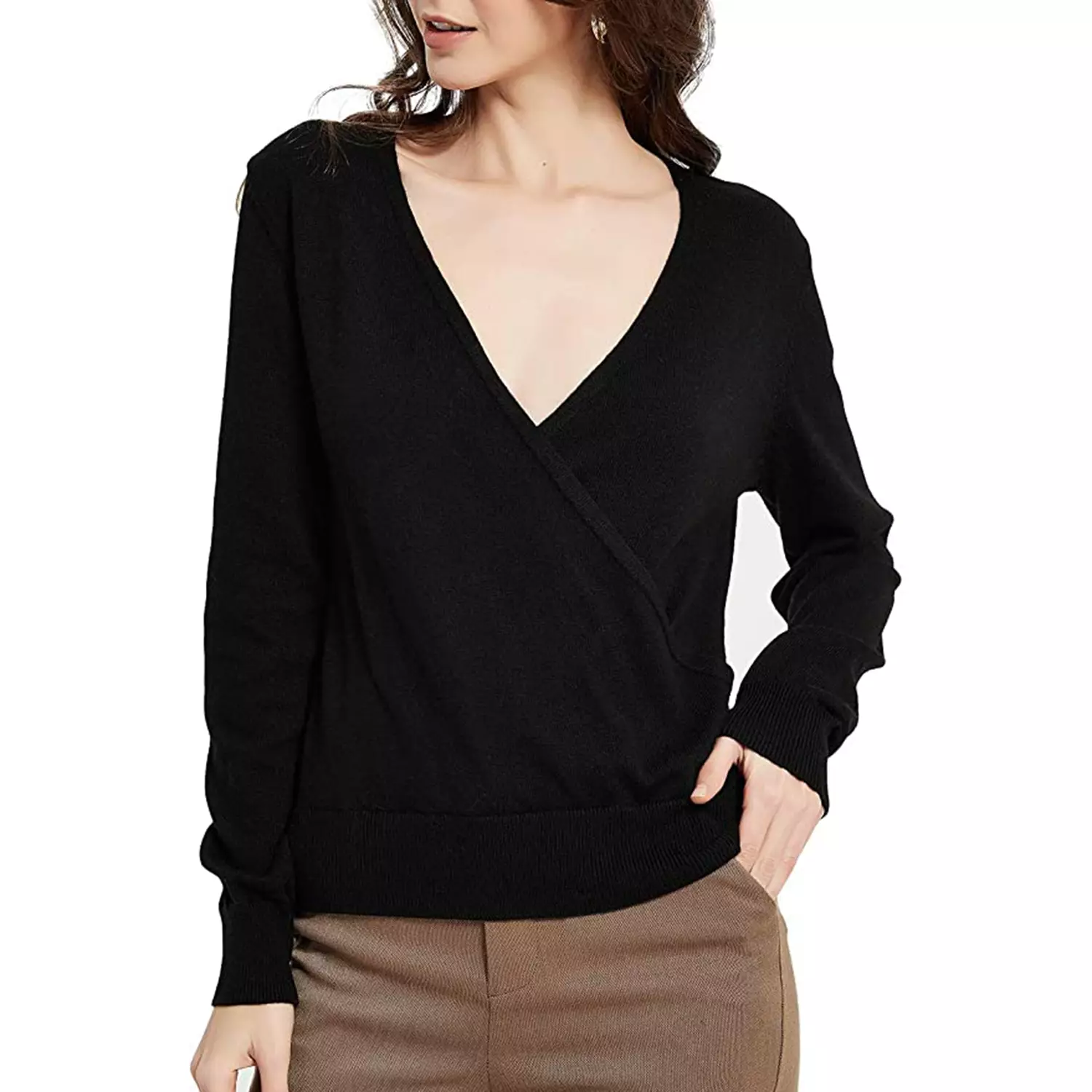 Kallspin Women's Cashmere Wool Blend V Neck Lightweight Pullover Sweater