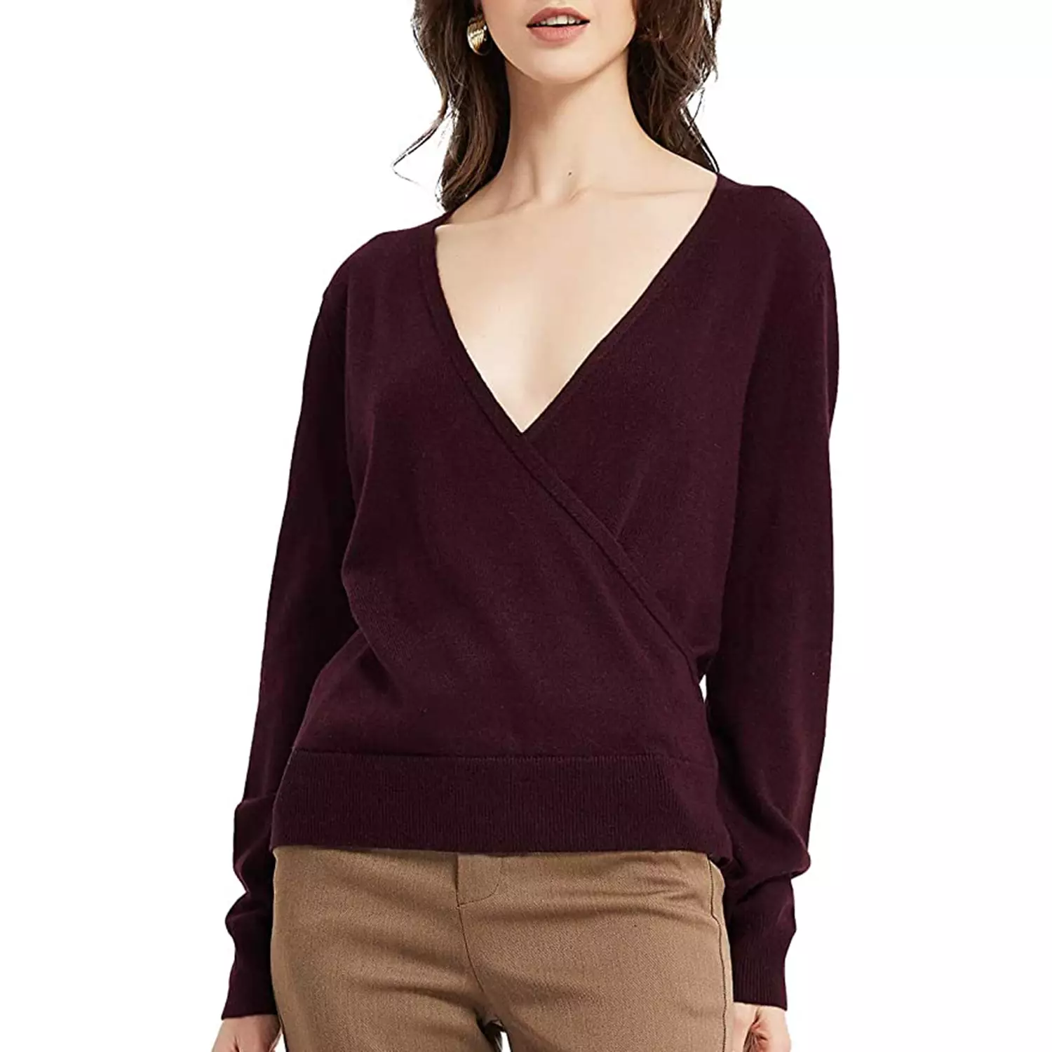 Kallspin Abagore Cashmere Wool Blend V Ijosi ryoroheje Pullover Sweater