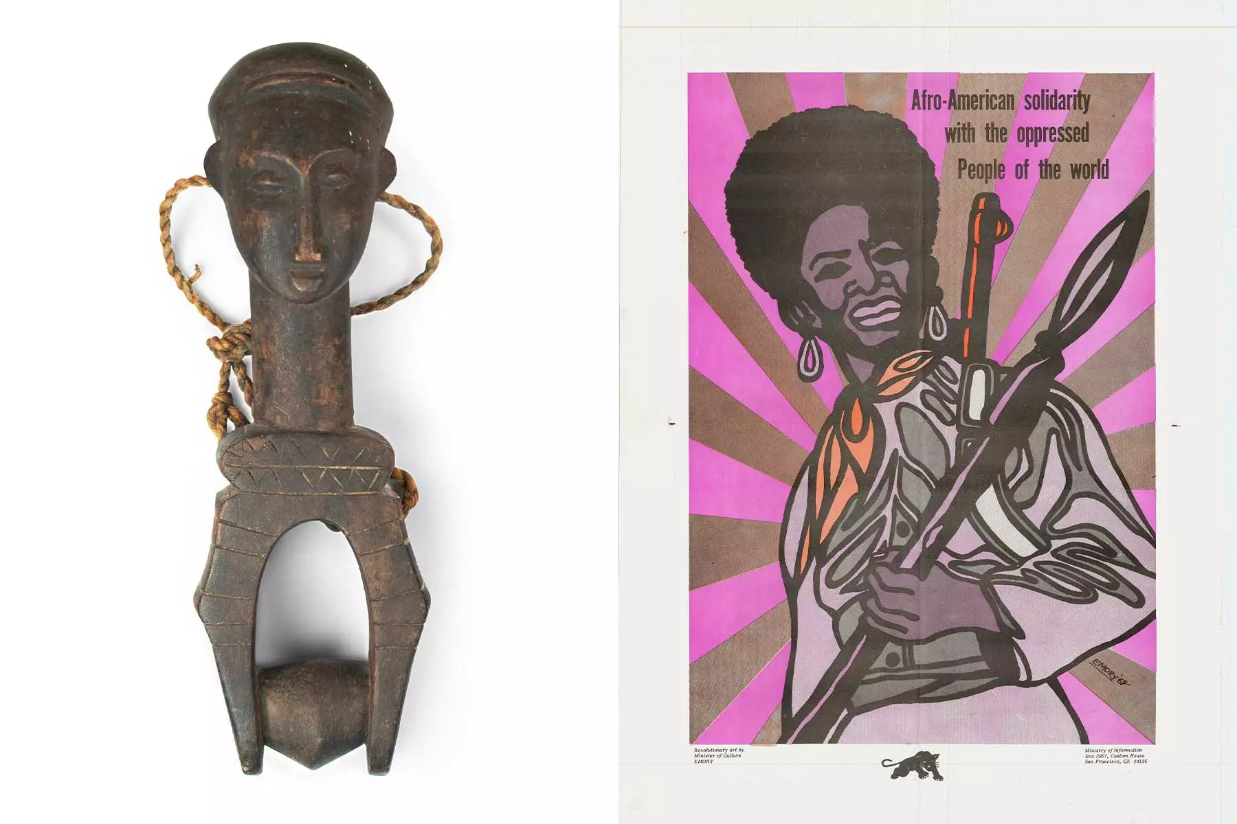 찰스턴에 있는 국제 아프리카 계 미국인 박물관 컬렉션의 골동품 직기 도르래와 블랙 팬서 포스터