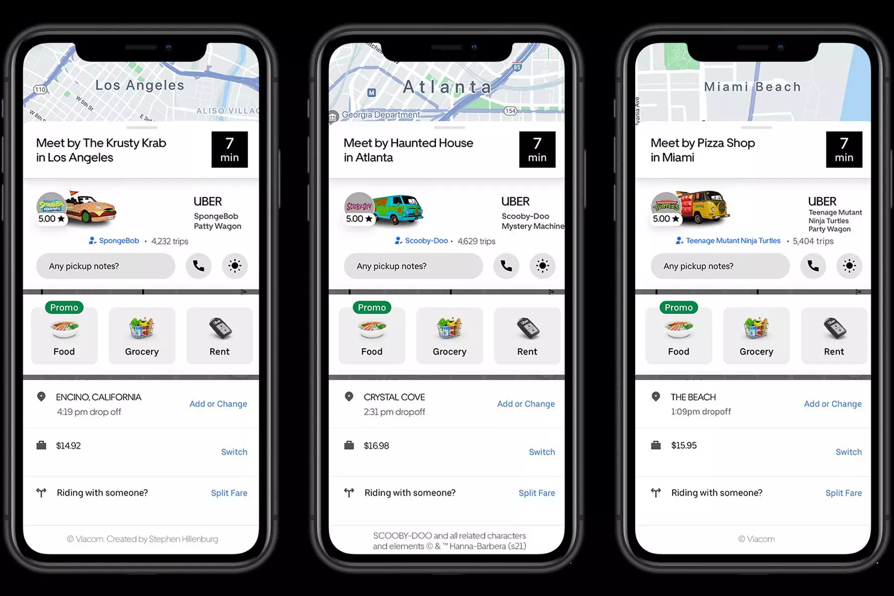 Uber-ის აპის სამი ეკრანი, რომლებიც აჩვენებენ ჰელოუინის სახალისო მგზავრობის სხვადასხვა ვარიანტებს მაიამიში, ლოს-ანჯელეს და ატლანტაში.