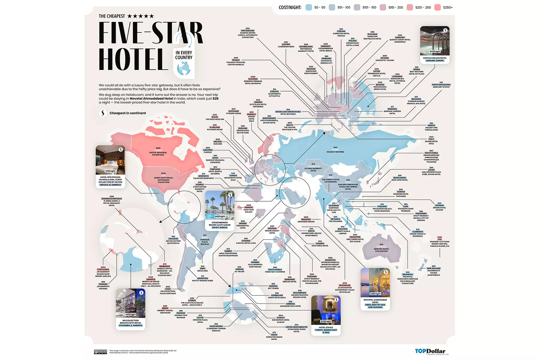 Mapa světa nejlevnějšího pětihvězdičkového hotelu v každé zemi